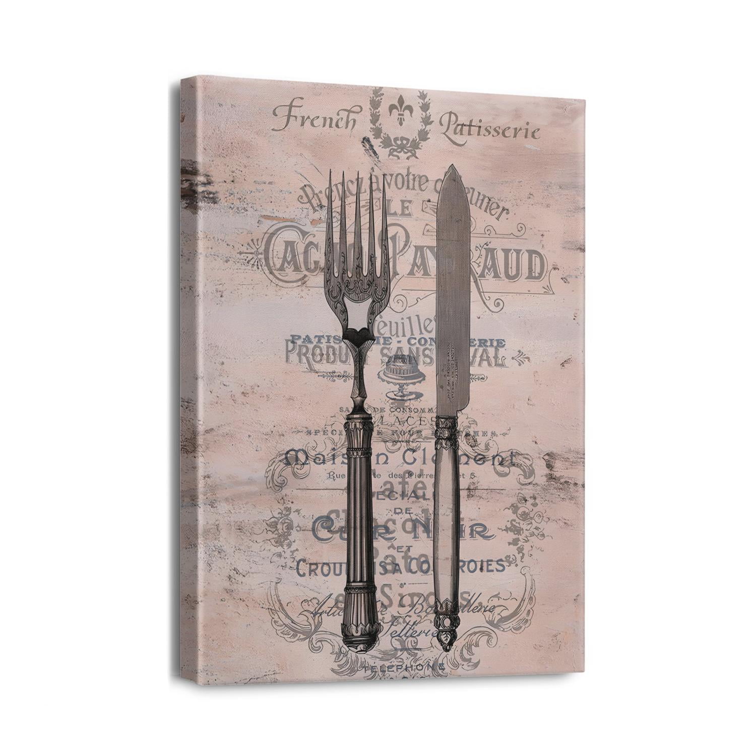 Rustic Gold Cutlery Wall Art Fork, Knife, Spoon Canvas Prints for Kitchen Décor (12X16inch ...