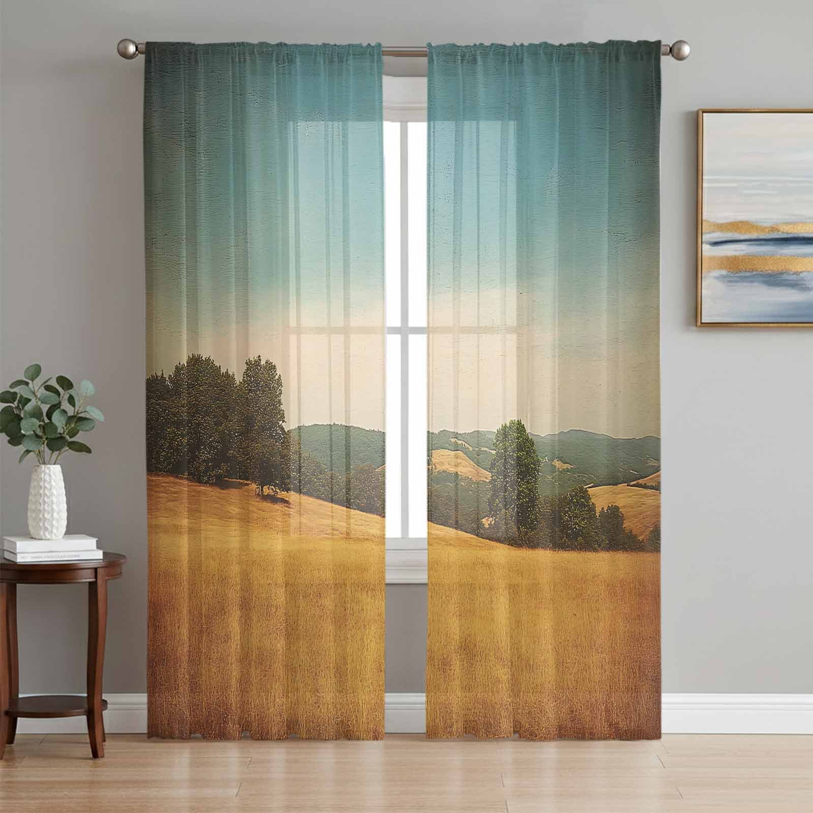 Rustic Golden Fields Sheer Curtains 63 Inch Length 2 Panels Set ...