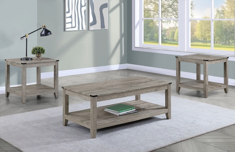 Rustic Gray Brown 3-Piece Wooden Furniture Set - Rectangular Coffee ...