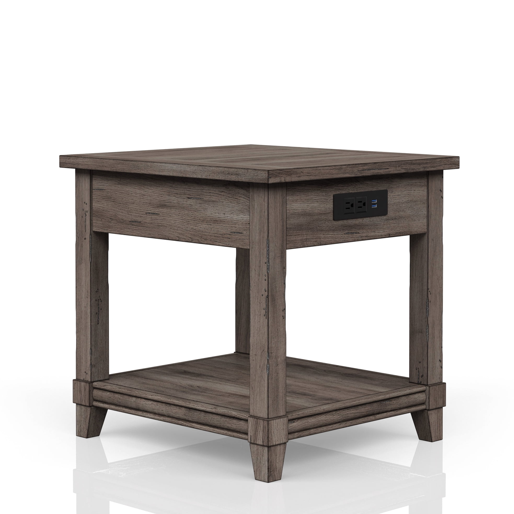 Rustic Gray End Table With Storage And Charging Options Solid Wood ...