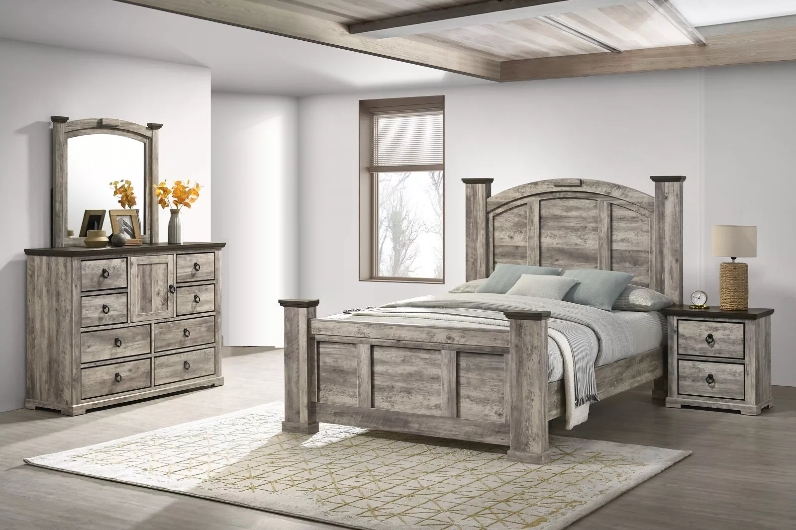 Rustic Gray Poster King Size 5pc Bed Set Storage Wooden Bedroom ...