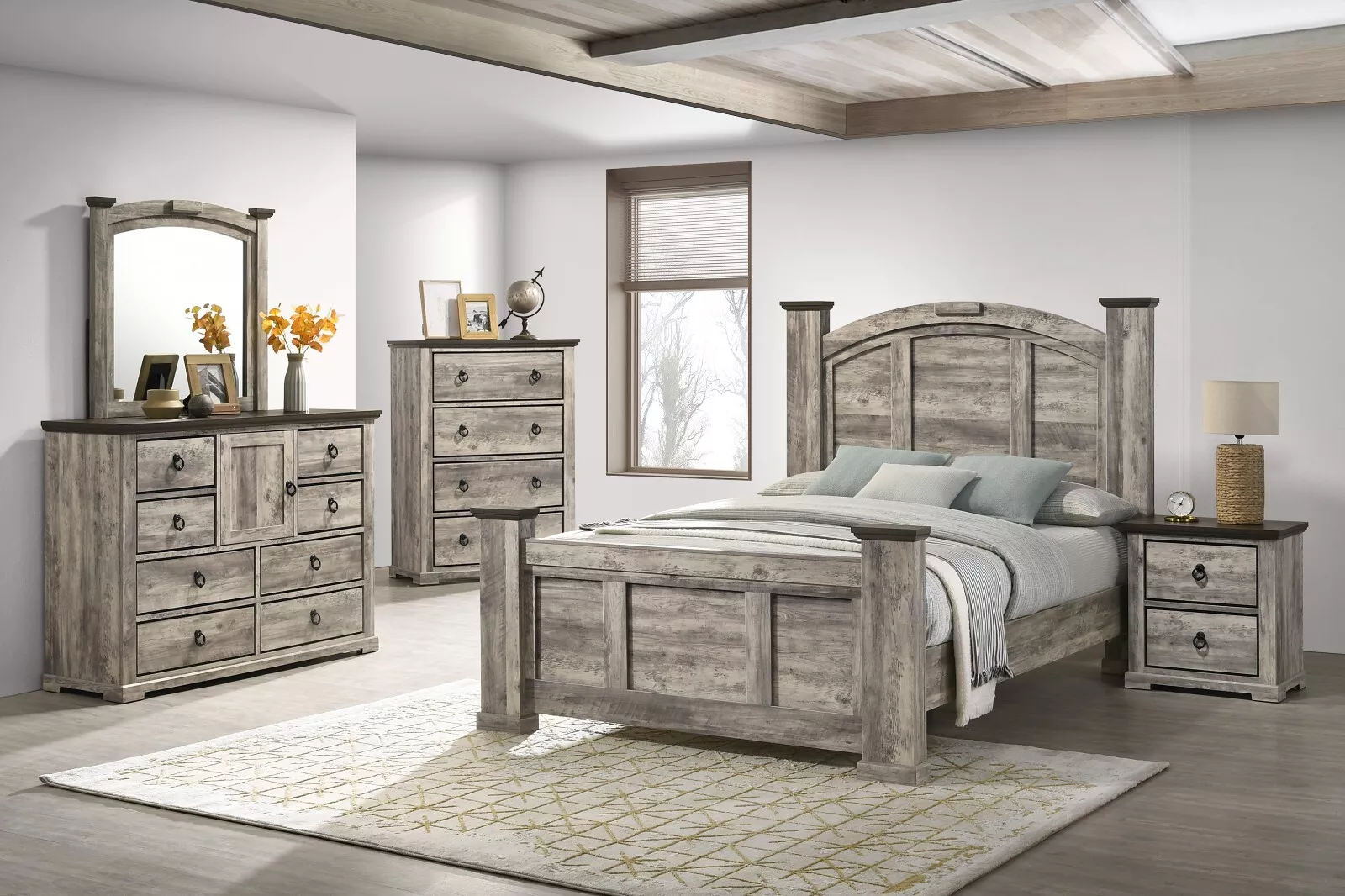 Rustic Gray Poster King Size 6pc Bed Set Storage Wooden Master Bedroom ...
