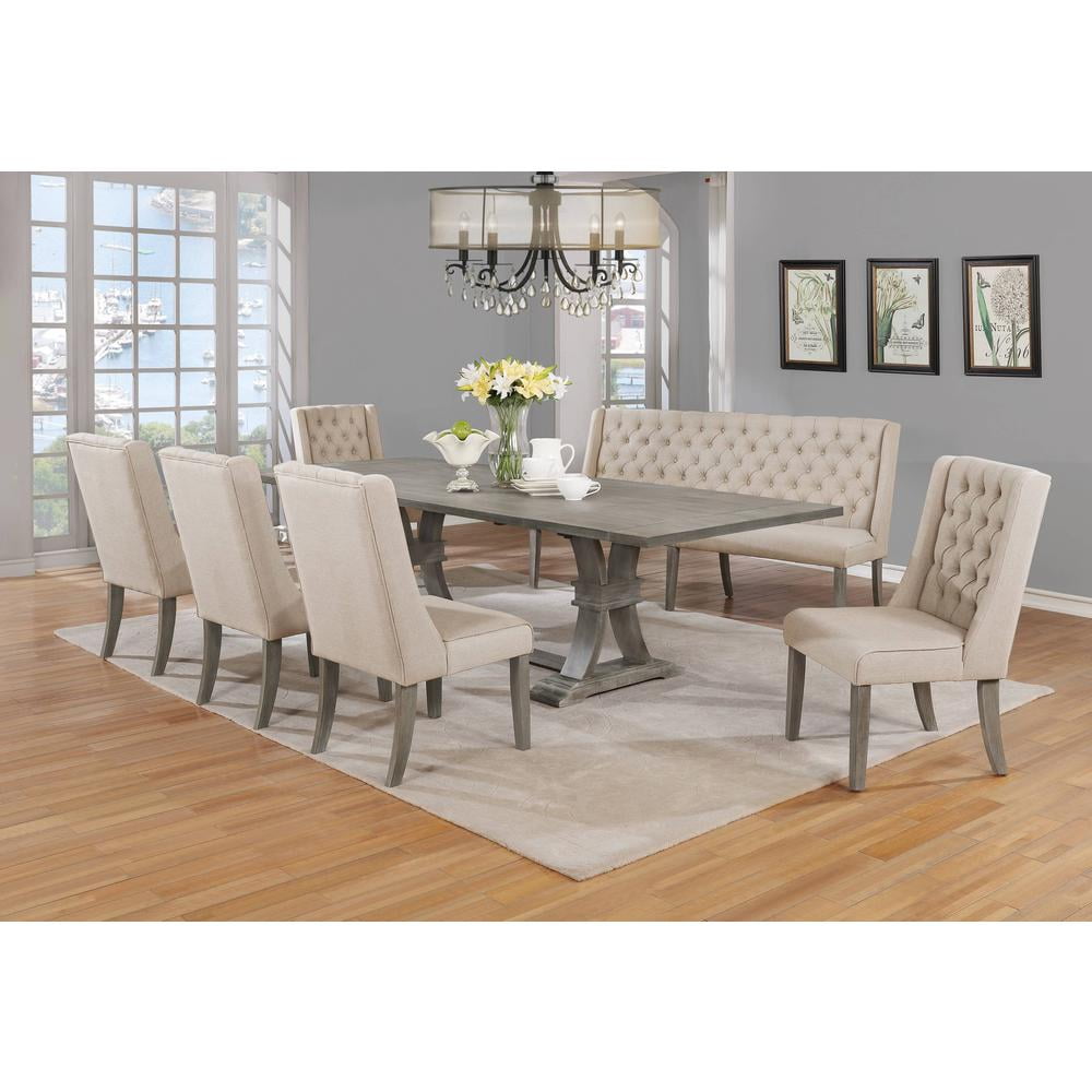 Rustic Gray Wood 7pc Dining Set with Table and Beige Linen Chairs and ...