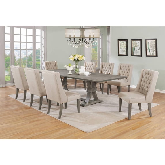 Rustic Gray Wood 9pc Dining Set with Table and Beige Linen Chairs ...