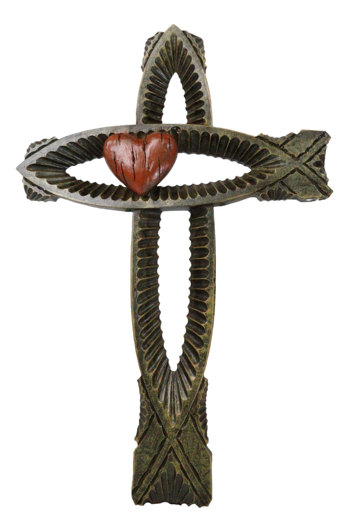 Rustic Greek Fish Symbol Ichthys with Red Sacred Heart Fusion Wall ...