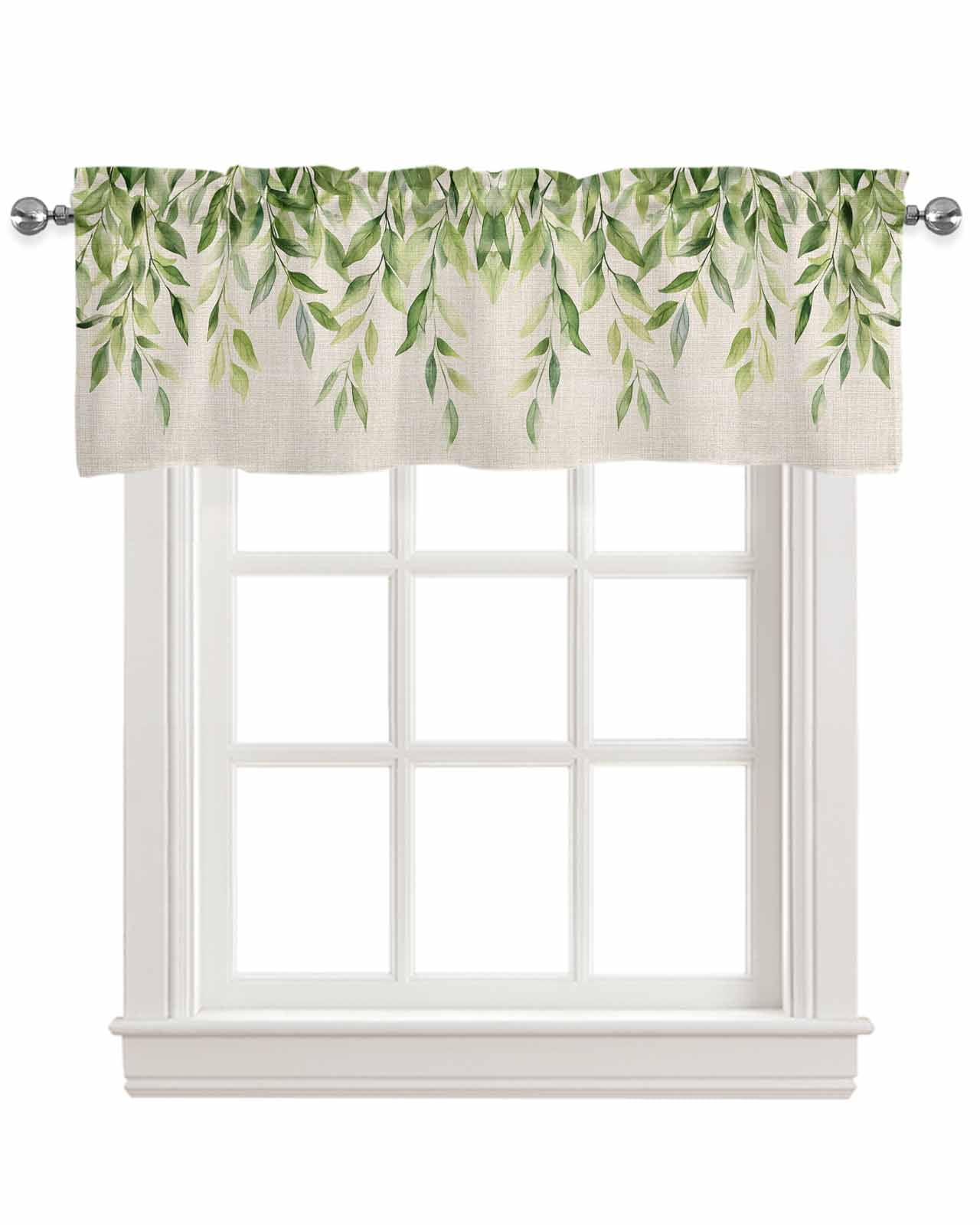 Rustic Green Leaves Kitchen Valances for Windows Farmhouse Linen Window ...