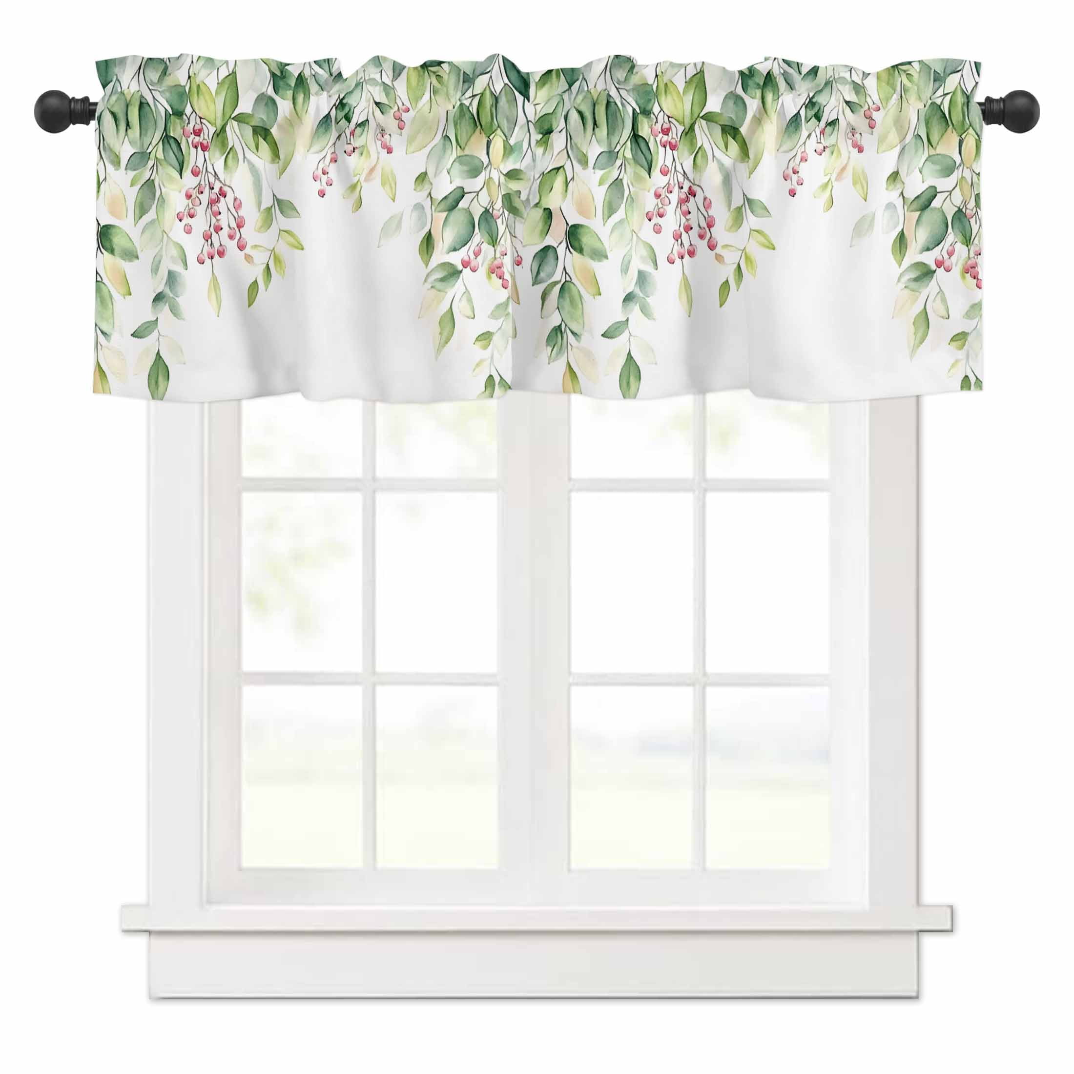 Rustic Green Valances for Windows Eucalyptus Leaf Red Fruit Watercolor ...