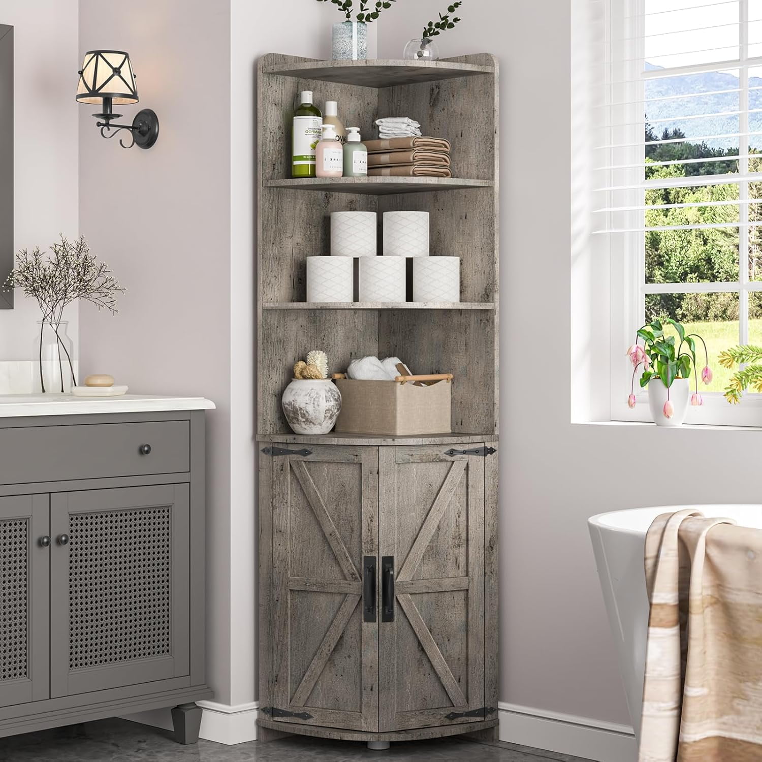 Rustic Grey Farmhouse Corner Cabinet with Barn Doors and 6 Storage ...