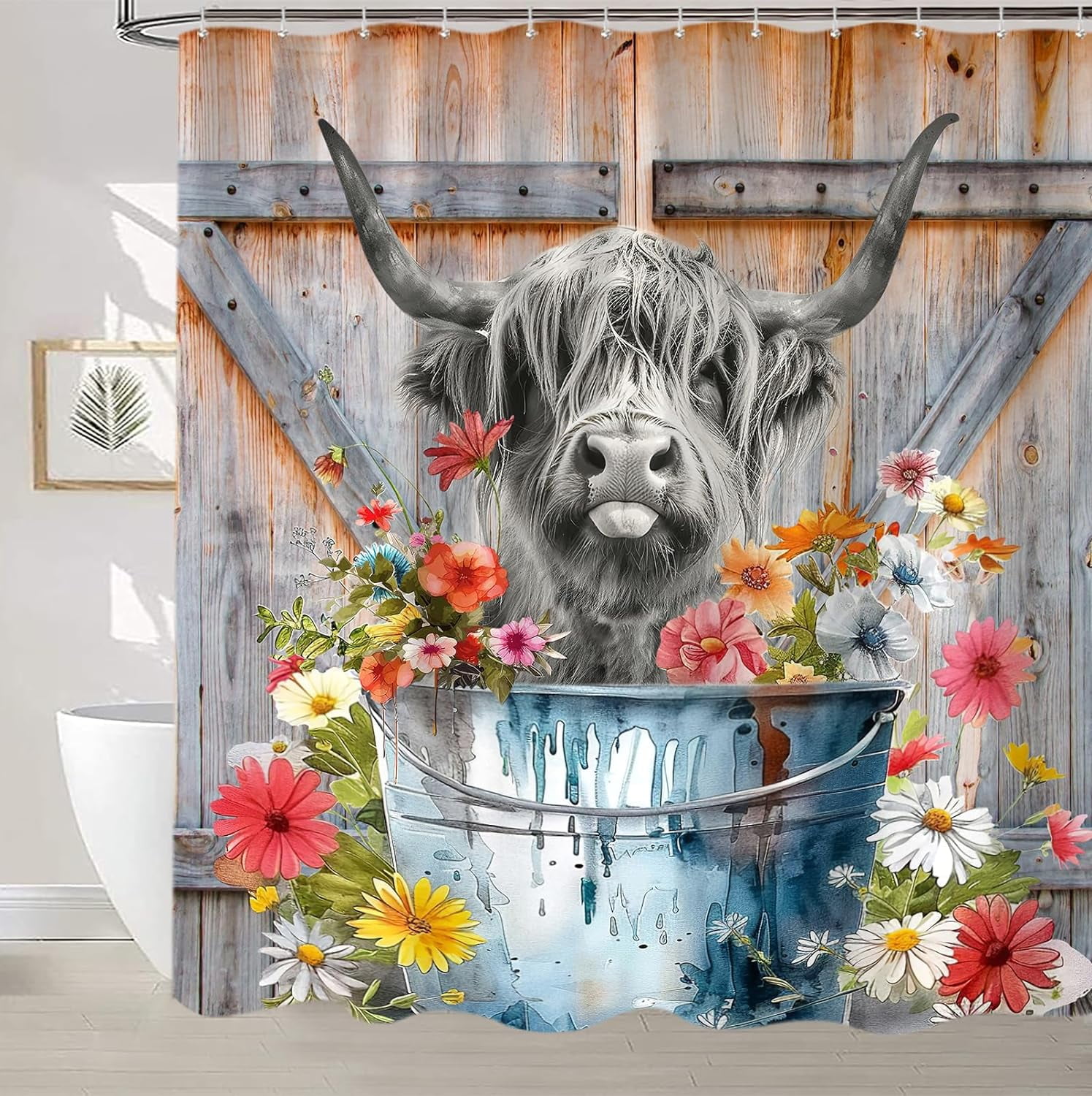 Rustic Grey Highland Cow Shower Curtain, Cute Farmhouse Wooden Barn ...