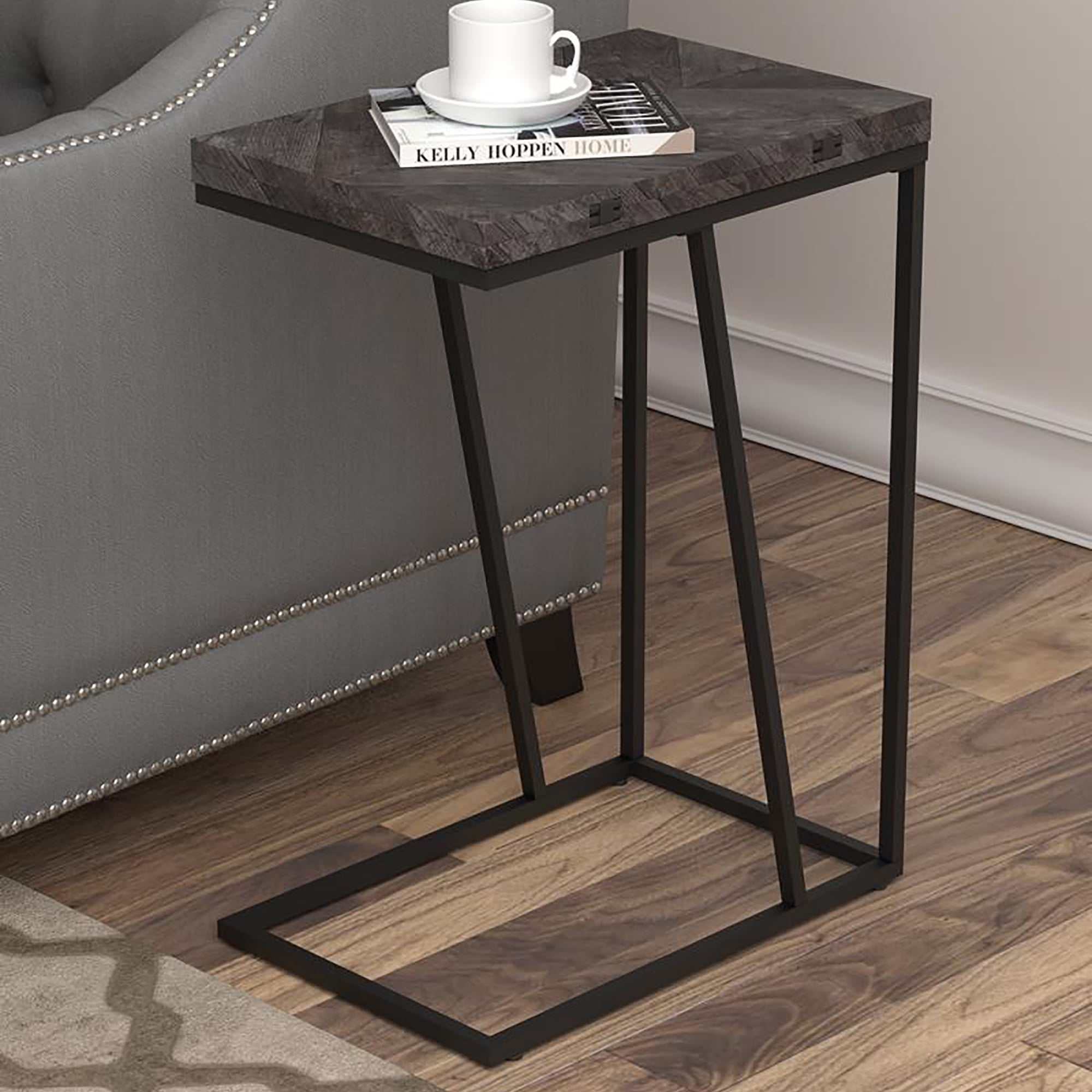 Rustic Grey Metal Accent Table | Modern Industrial Side Table with Open ...