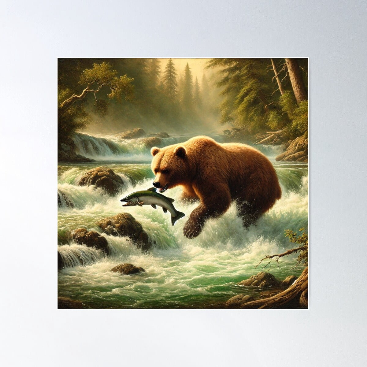 Rustic Grizzly Bear Fishing : Captivating River Scene Poster Wall Art ...