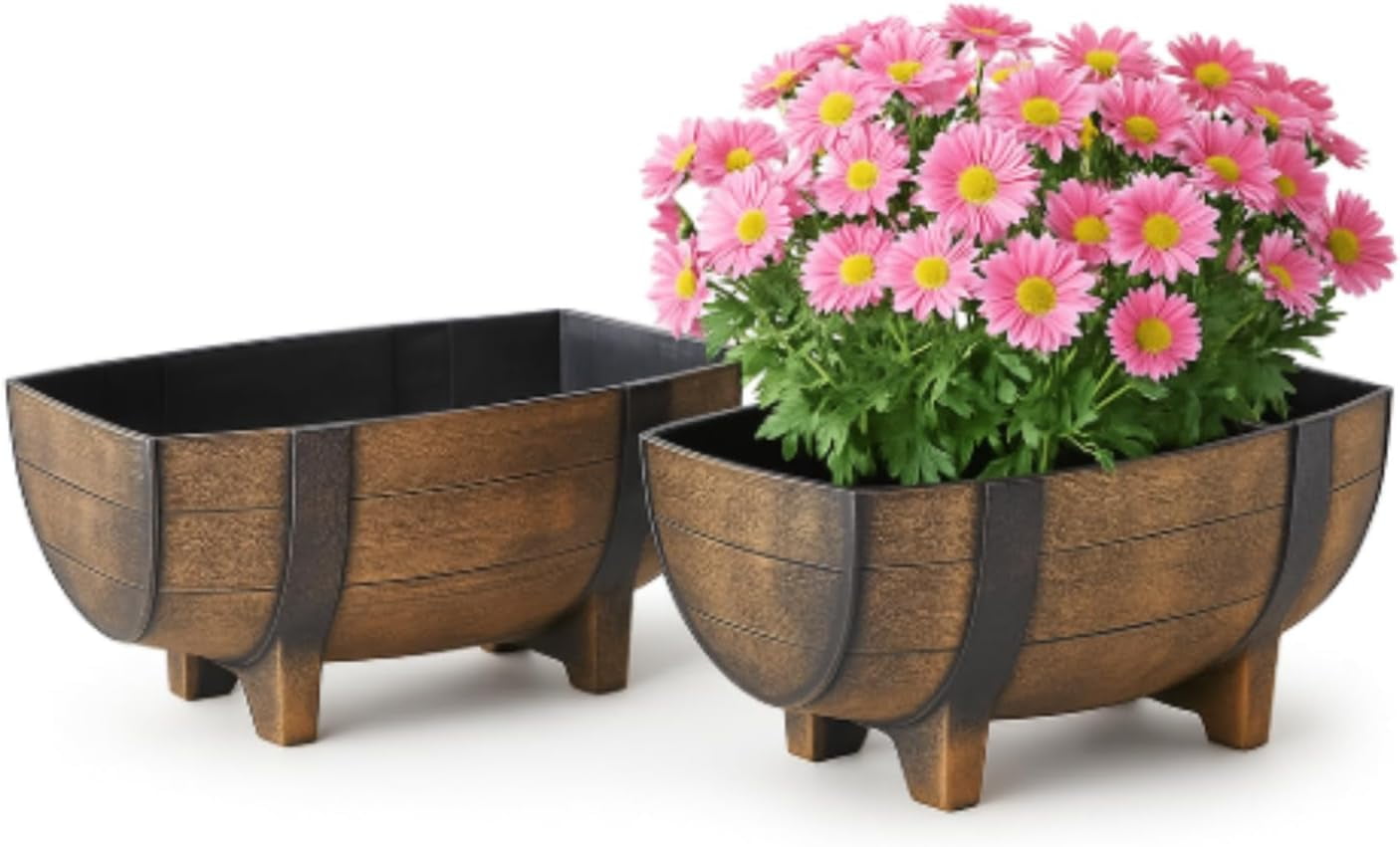 Rustic Half Barrel Planters – Set of 2, Faux Wood Outdoor Flower Pots ...