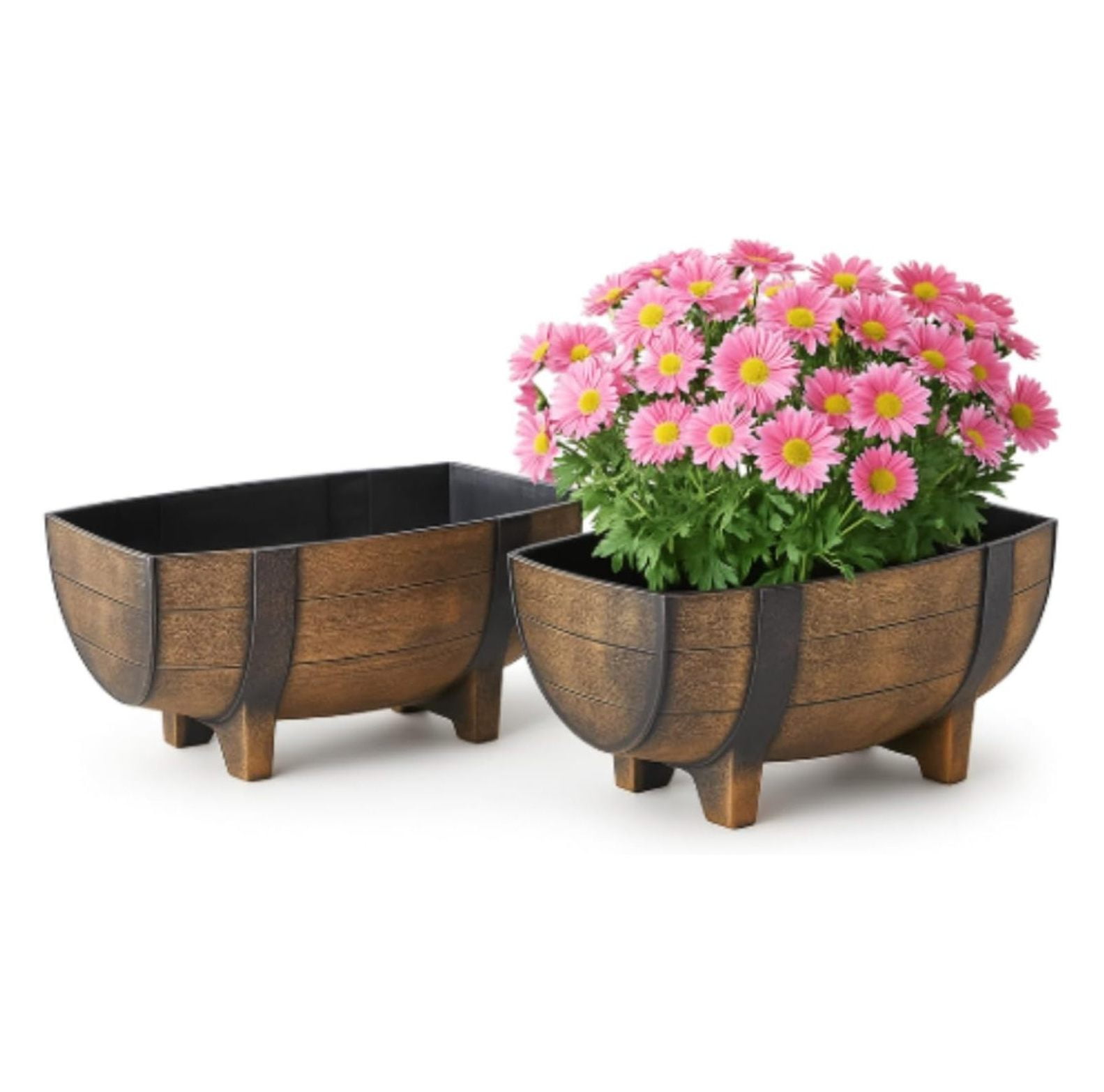 Rustic Half Planters – Set of 2, Faux Wood Outdoor Flower Pots with ...