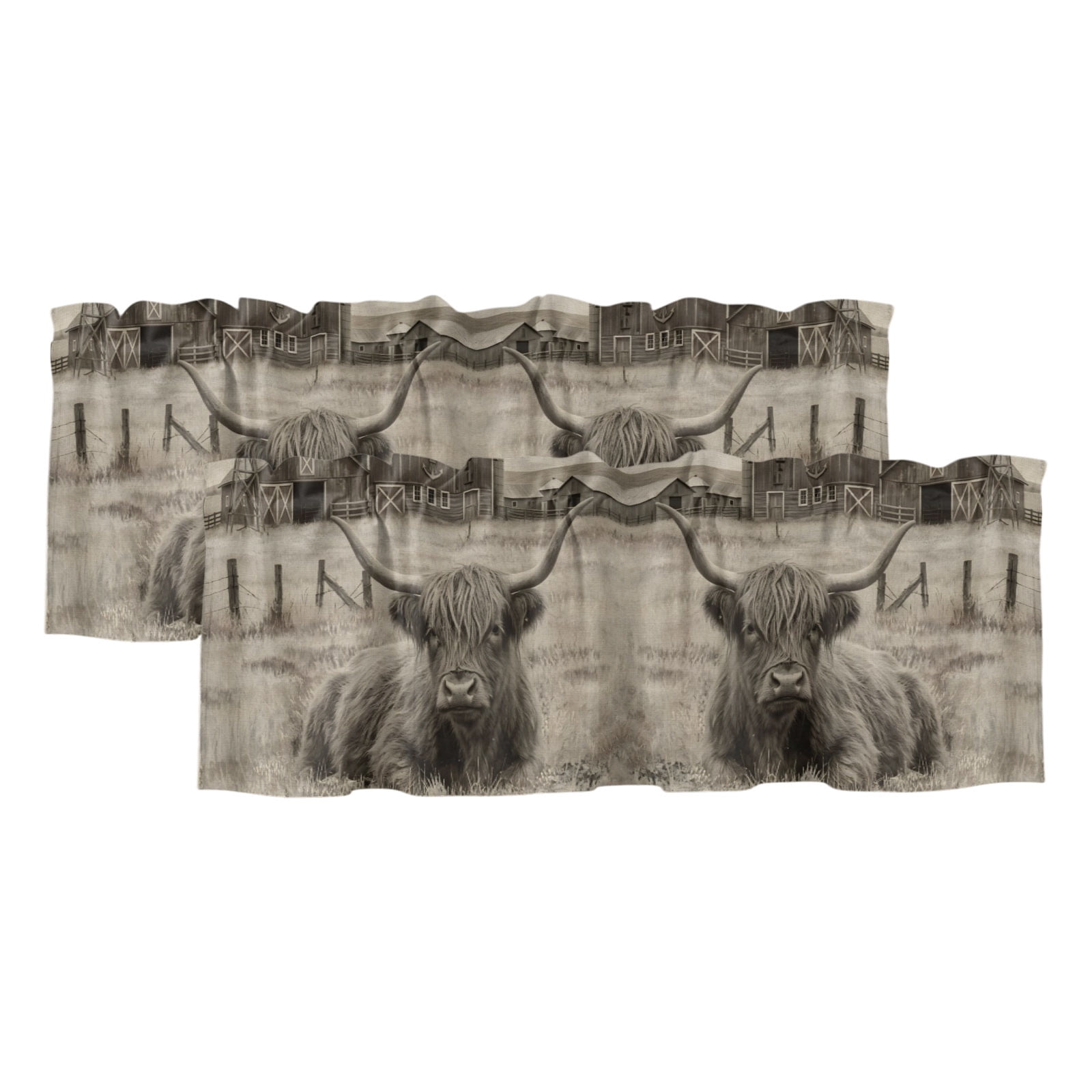 Rustic Highland Cow 2 Panels Kitchen Valance, Vintage Windmill Barn ...
