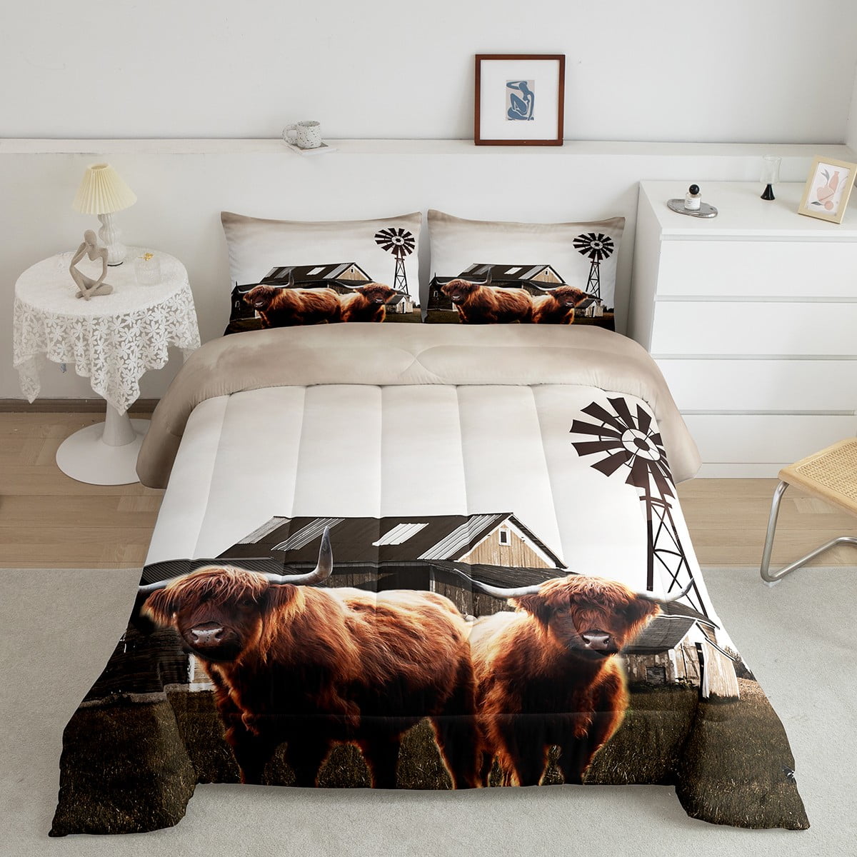 Rustic Highland Cow Comforter Set Twin Farm Longhorn Bull Cattle Bedding Set Western Farmhouse ...