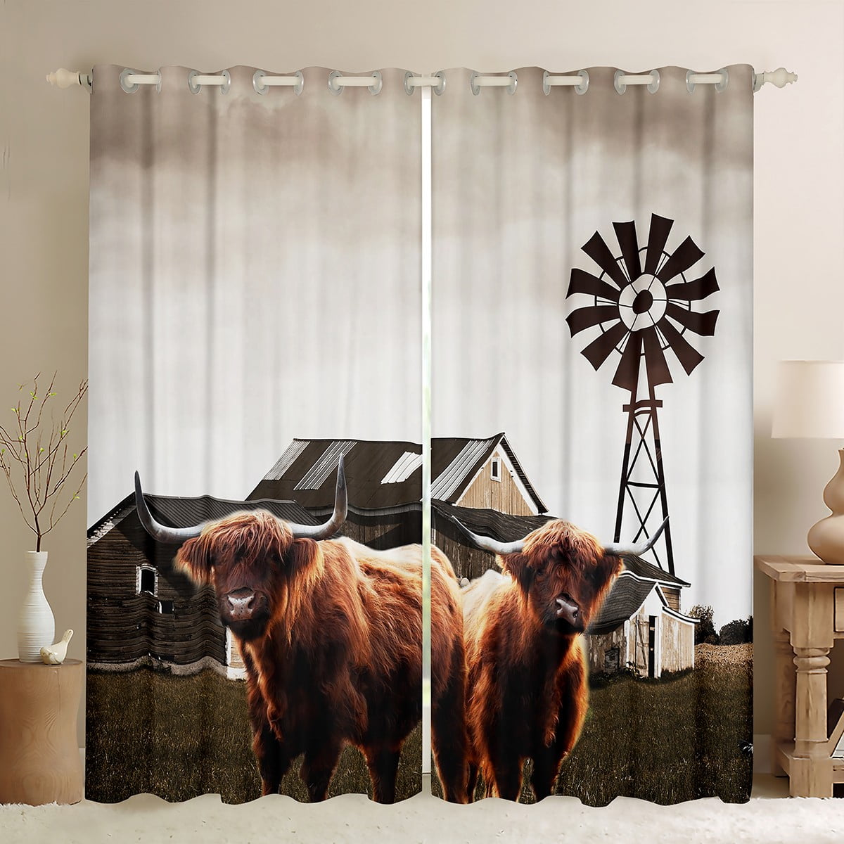 Rustic Highland Cow Curtains & Drapes 38"Wx54"L Farm Longhorn Bull ...