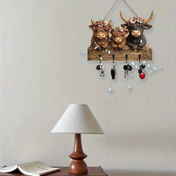 Rustic Highland Cow Wooden Wall Hook Rail - Farmhouse Coat and Key ...