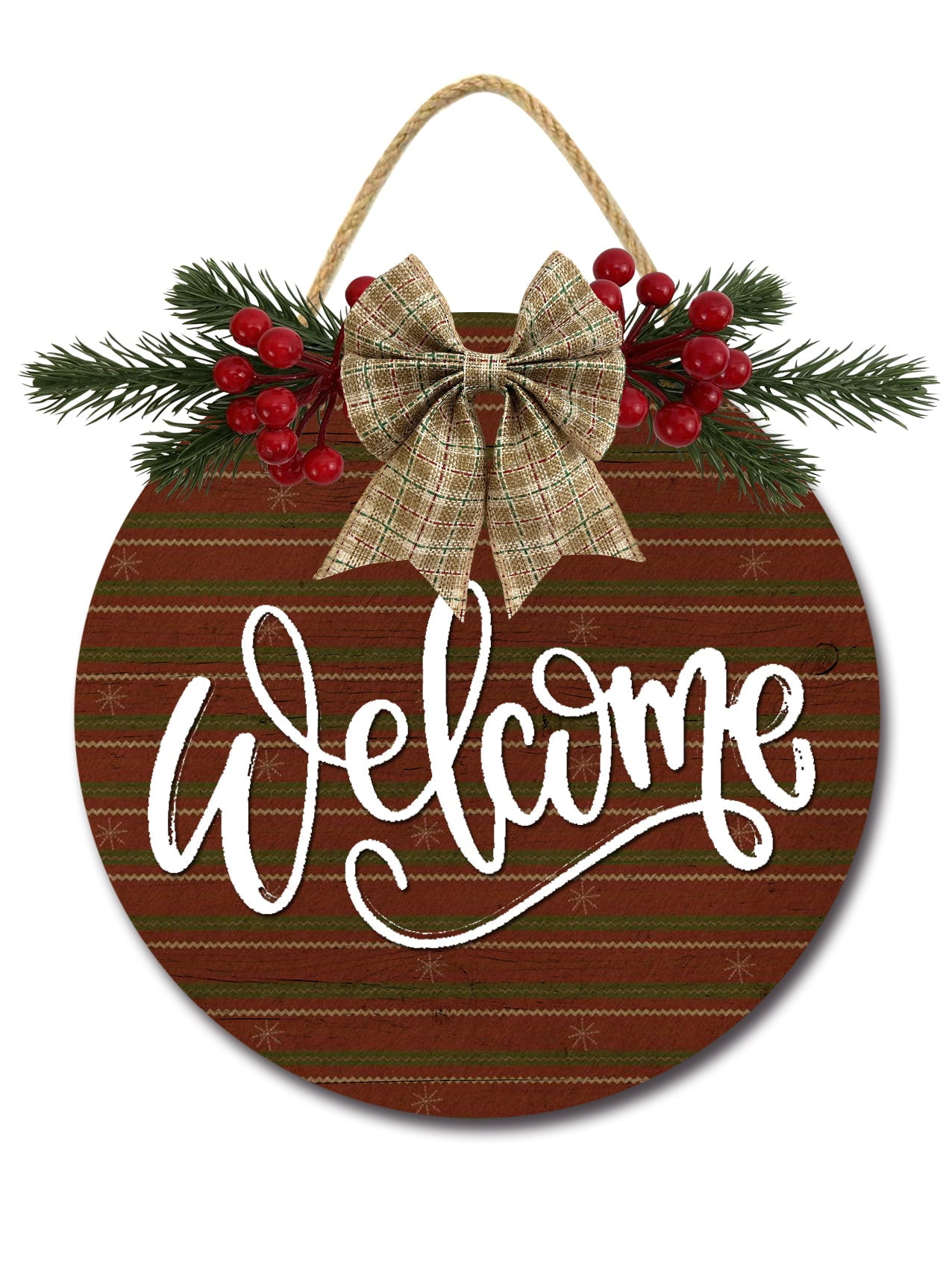 Rustic Holiday Welcome Sign Front for Door Decoration, 12 in Round Wood ...