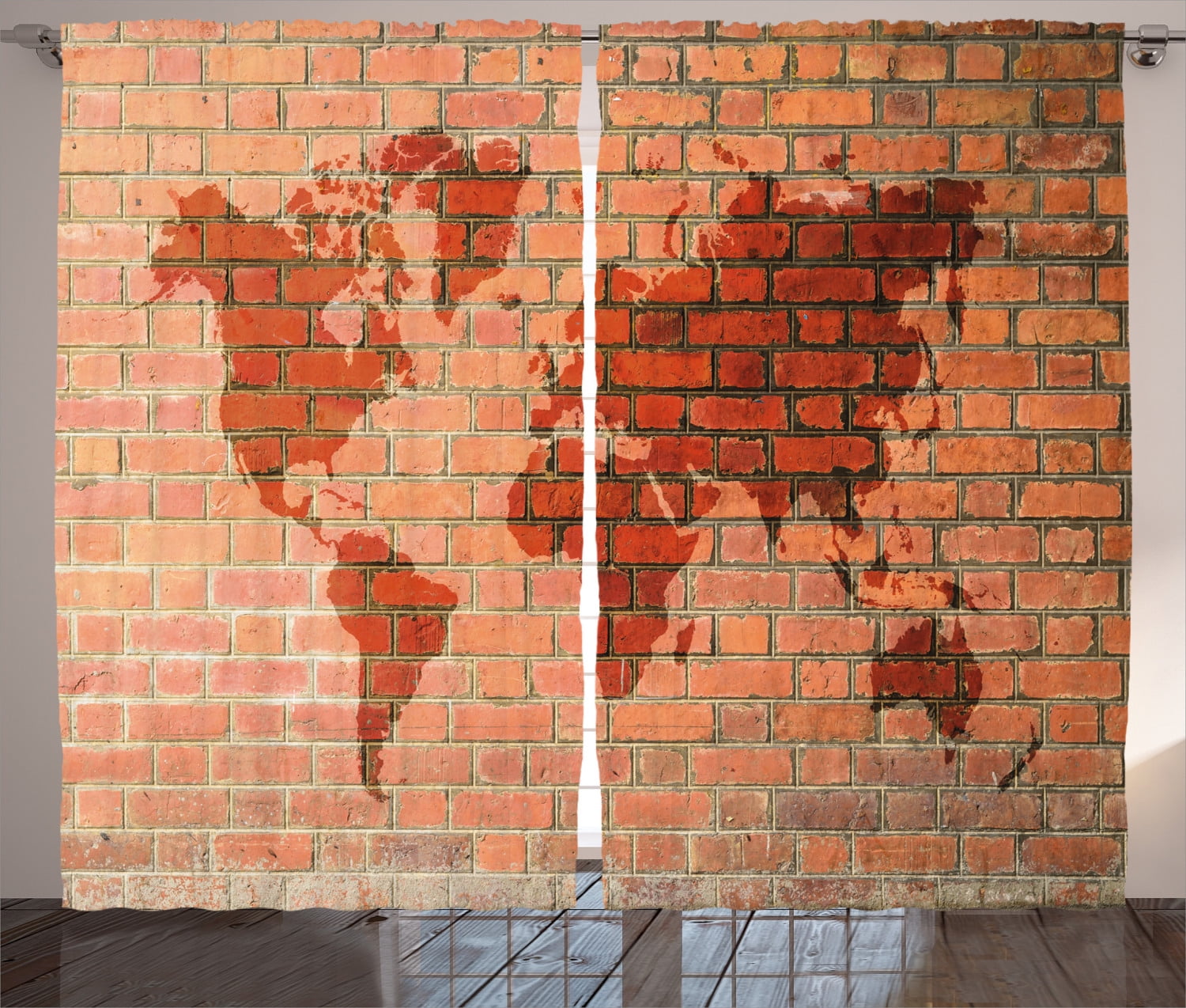 Ambesonne Brick Wall Curtains 2 Panel Set, World Map on Brick Wall, 108 ...