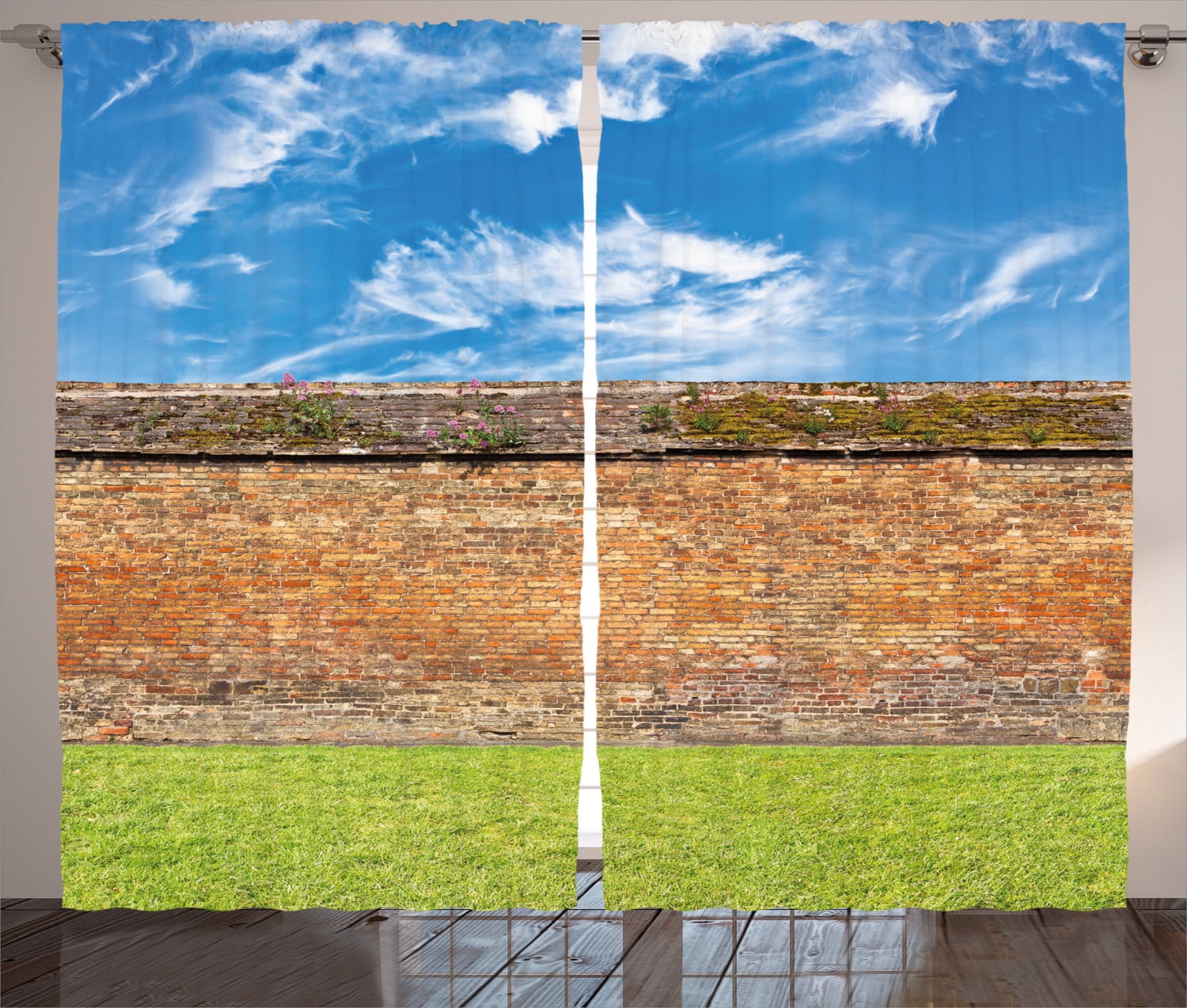 Ambesonne Brick Curtains 2 Panel Set, Field Urban Sky, 108" x 90", Red ...