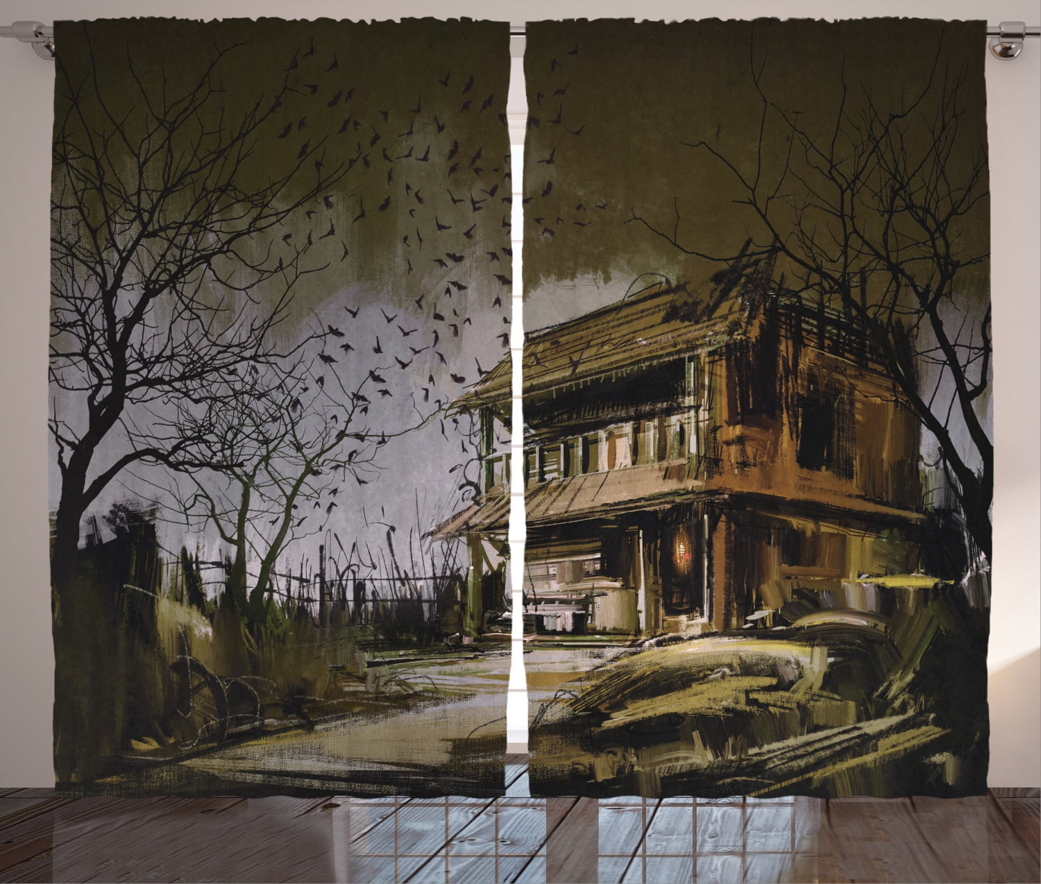 Ambesonne Rustic Curtains 2 Panel Set, Wooden Haunted House, 108" x 84 ...