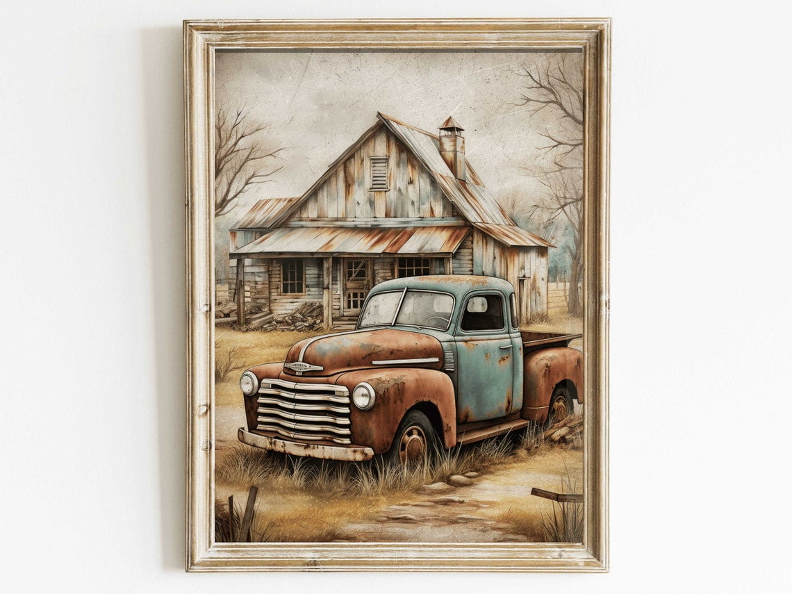 Rustic Home Decor, Vintage Country Cottage & Rusty Car, Countryside ...