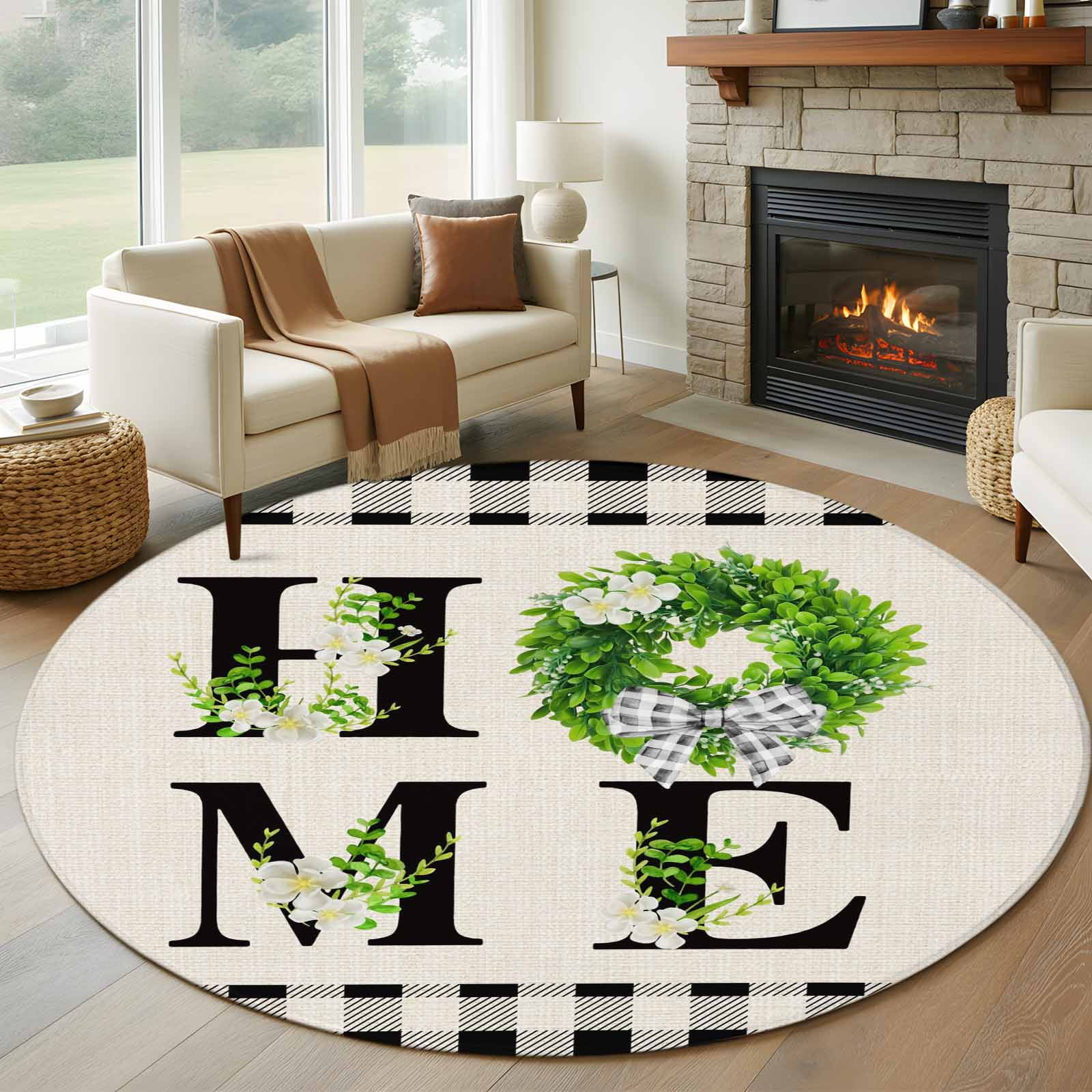 Rustic Home Round Rug 8ft Washable Circle Rugs Non Slip Eucalyptus ...