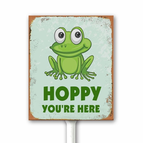 Rustic Hoppy You're Here Funny Frog Garden Sign, Welcome Yard Sign ...