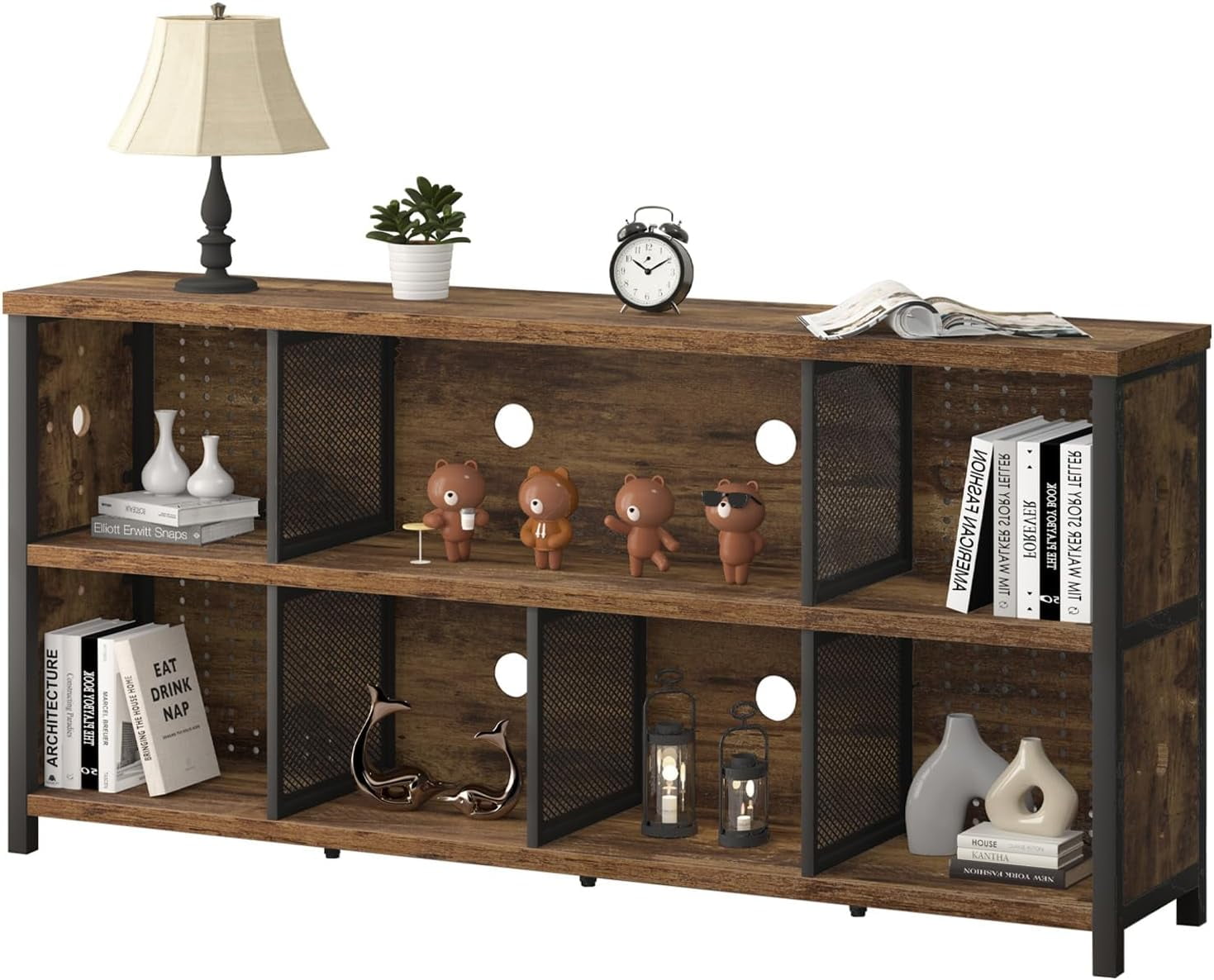 Rustic Horizontal Bookshelf, Industrial Bookcase Cube Storage Organizer ...