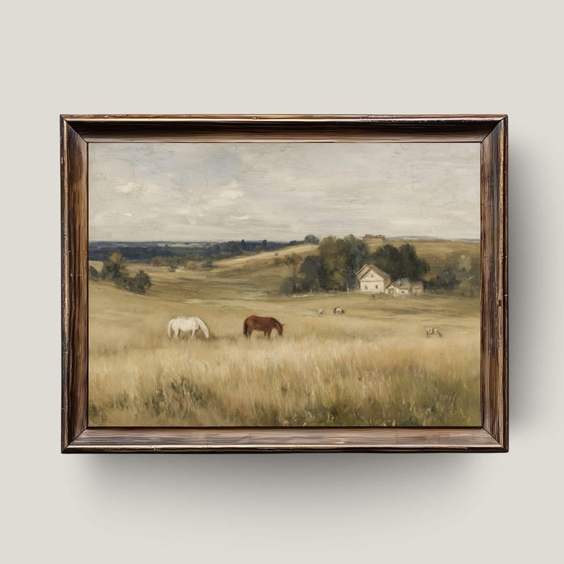 Rustic Horses Meadow Oil Painting: Vintage Farmhouse Digital Print ...