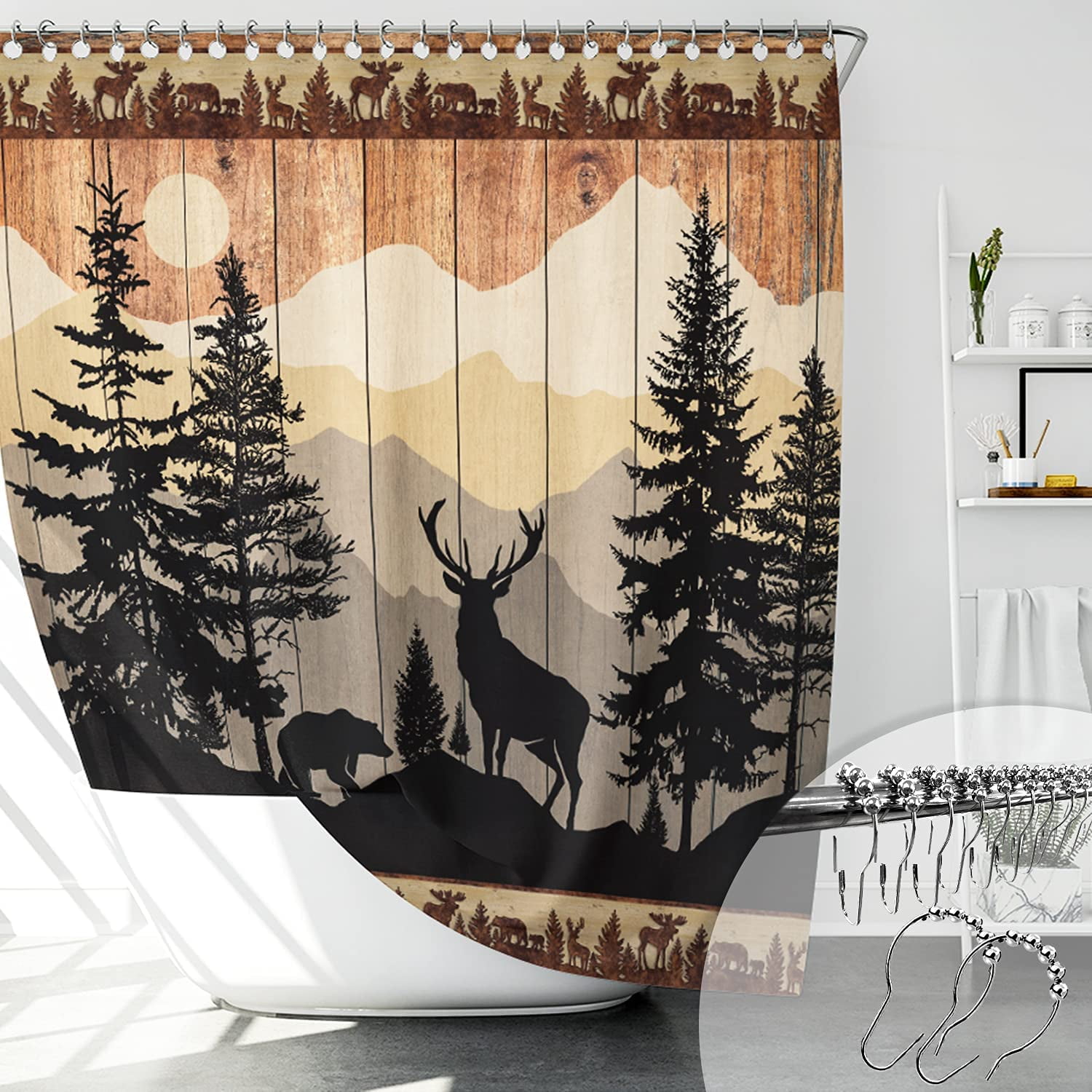 Rustic Hunting Deer Shower Curtain Set for Bathroom, Forest Woodland ...