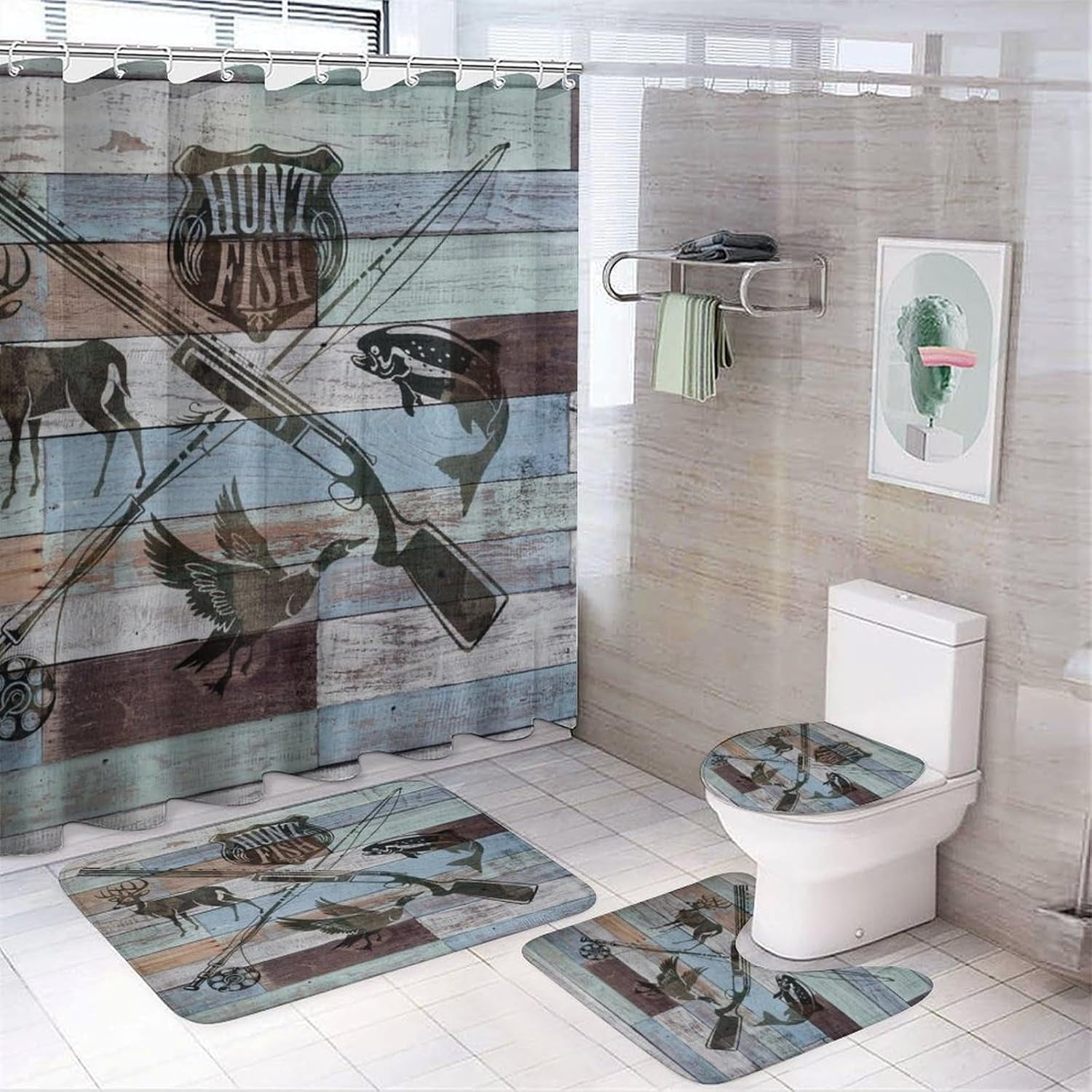 Rustic Hunting Theme Wood Board Shower Curtain Set 4 Pcs, Cabin ...