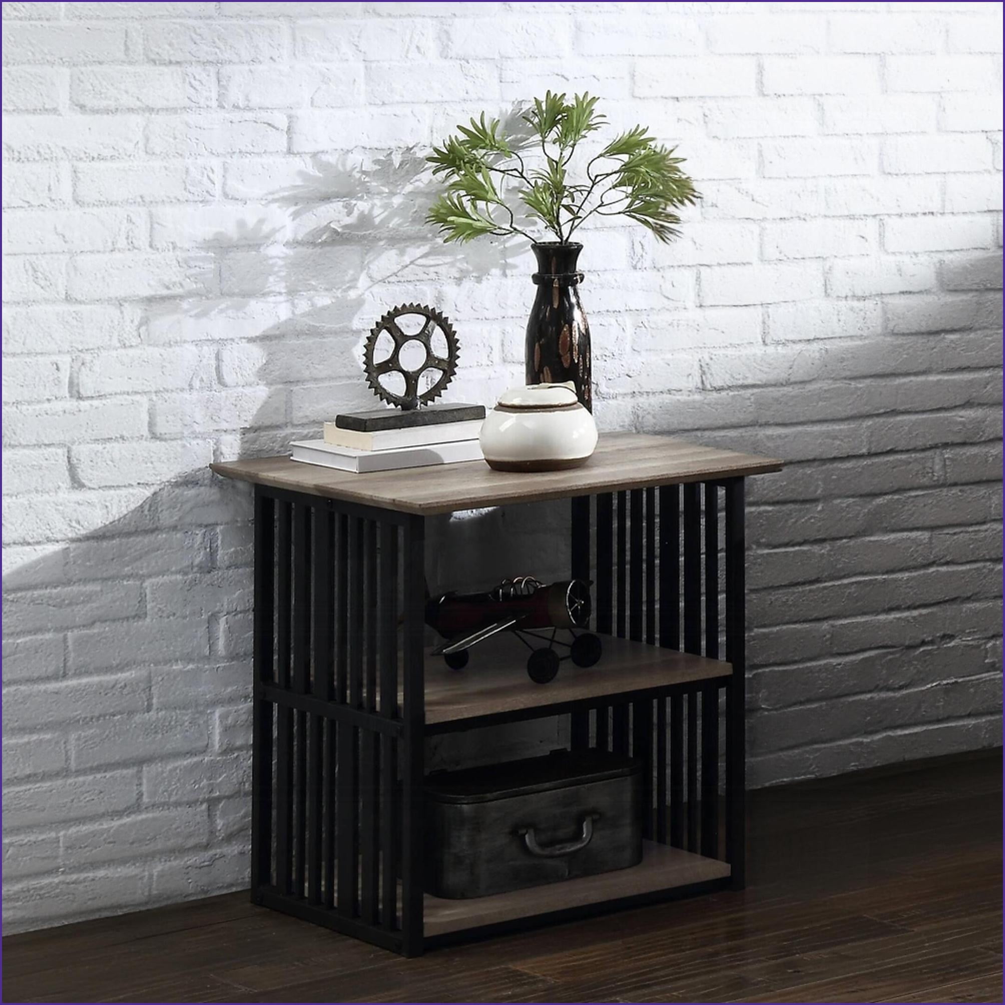 Rustic Industrial Black Metal Frame Nightstand with 2 Open Shelves ...
