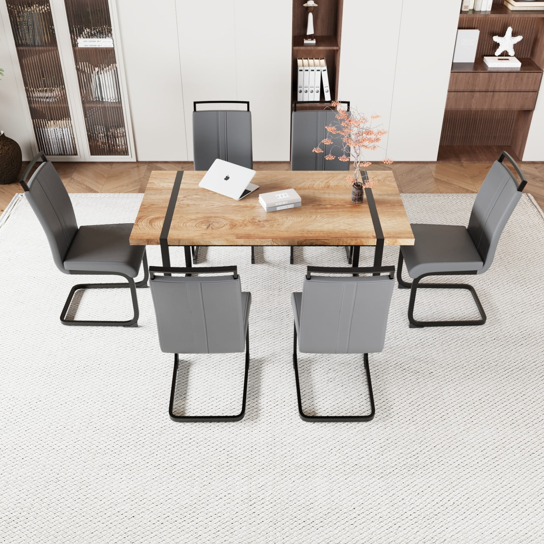 Rustic Industrial Dining Table Set with 6 Armless PU Chairs ...