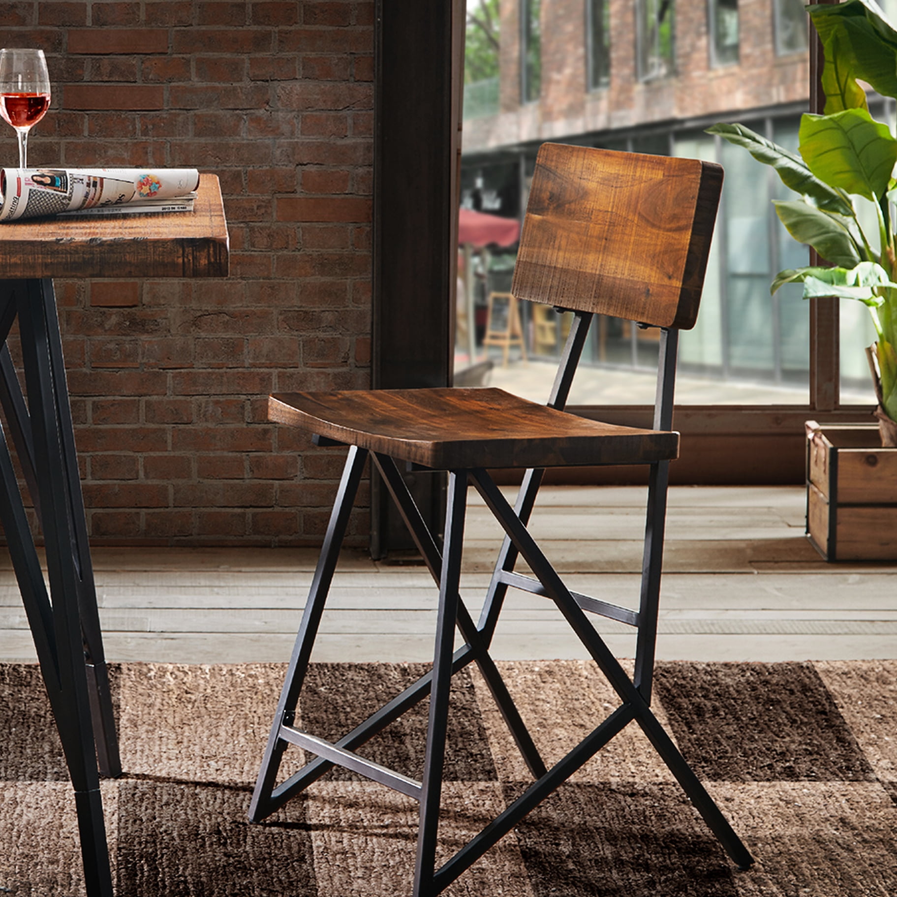 Rustic Industrial Trestle Counter Stool, Amber Solid Wood Construction ...