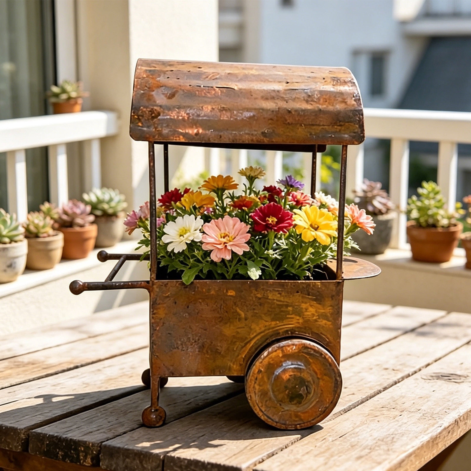 Rustic Iron Trolley Planter 9.1x8.1in, Vintage Outdoor Garden Flower ...