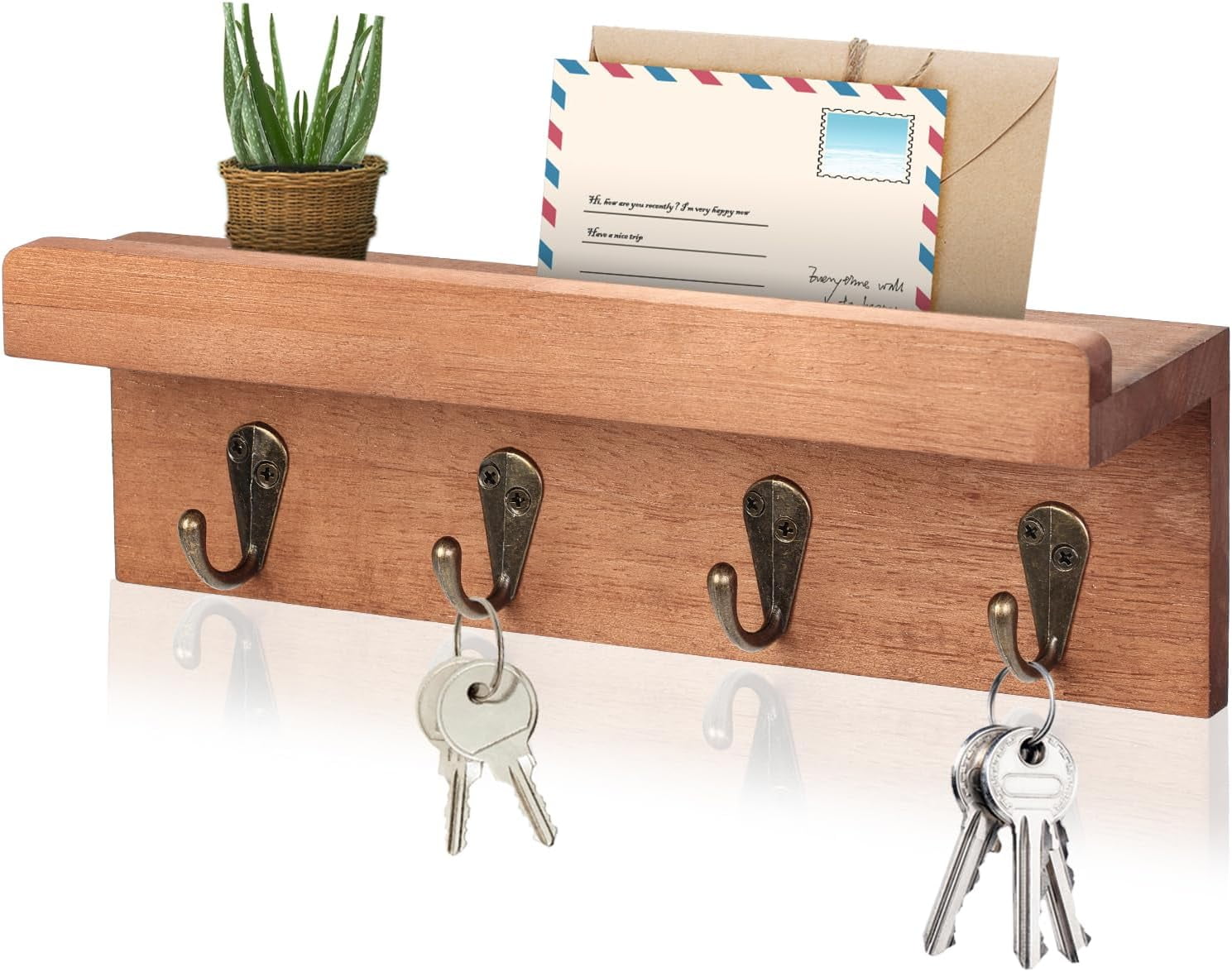 Rustic Key Holder for Wall, Farmhouse Wall Shelf with 4 Hooks, Wall ...