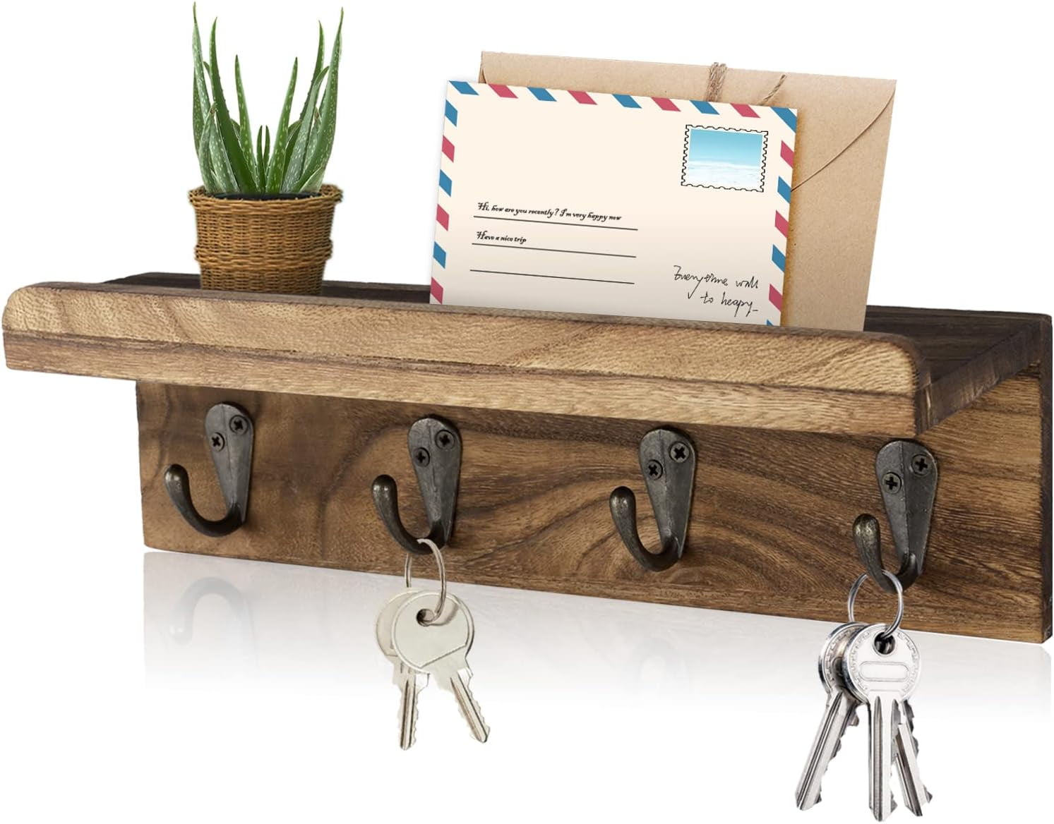 Rustic Key Holder for Wall, Farmhouse Wall Shelf with 4 Hooks, Wall ...