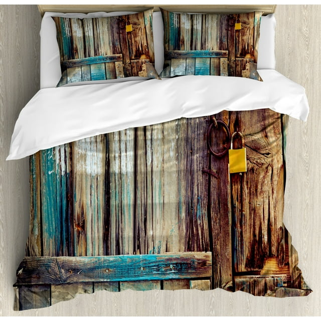 Rustic King Size Duvet Cover Set, Aged Shed Door Backdrop with Color ...