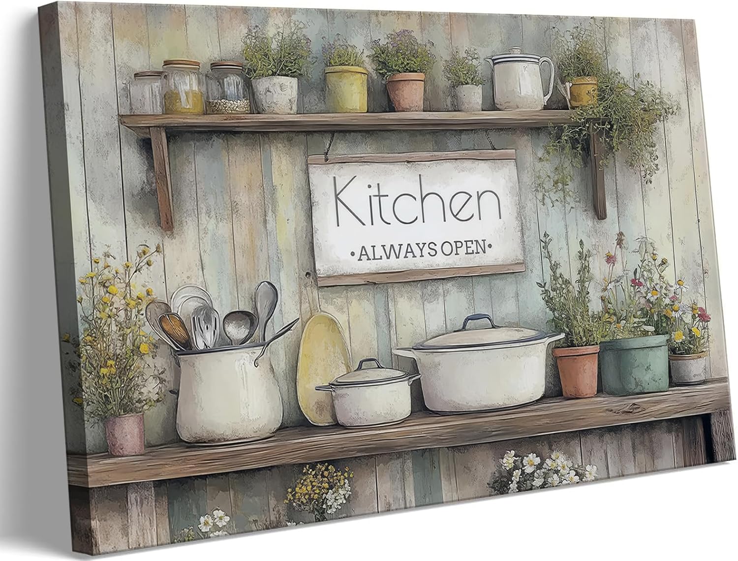 Rustic Kitchen Canvas Wall Art Farmhouse Pots Pans Kitchen Always Open ...