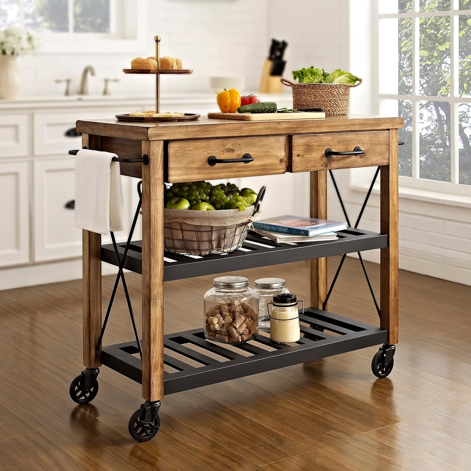 Rustic Kitchen Cart with Storage Shelves and Drawers, Rolling Microwave ...