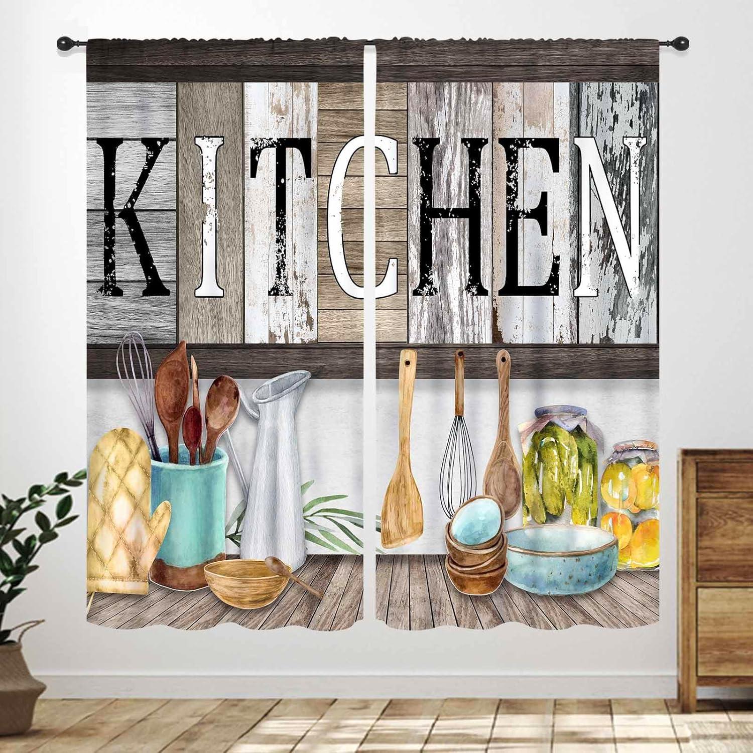 Rustic Kitchen Curtains,Country Vintage Farmhous Fork and Spoon Woodern ...