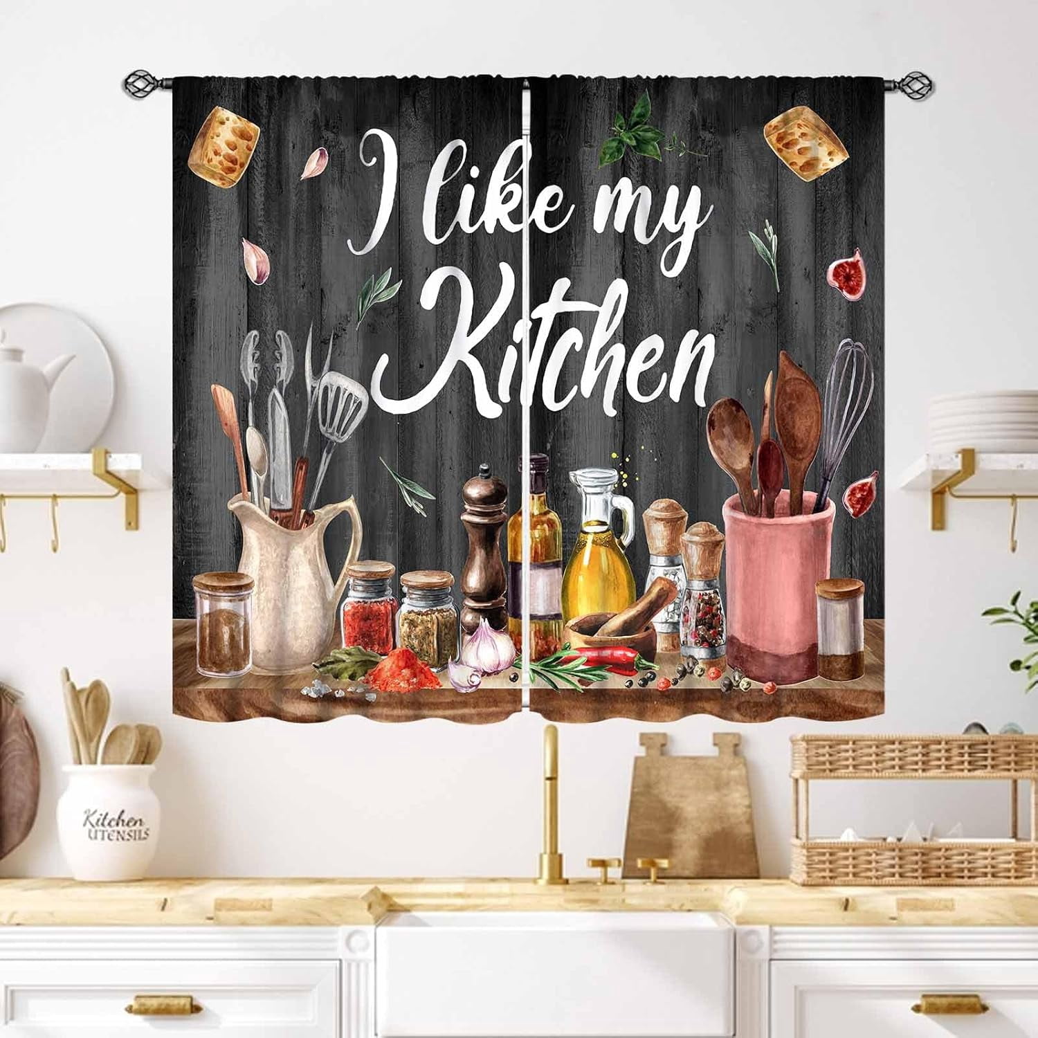 Rustic Kitchen Curtains,Country Vintage Farmhous Fork and Spoon Woodern ...
