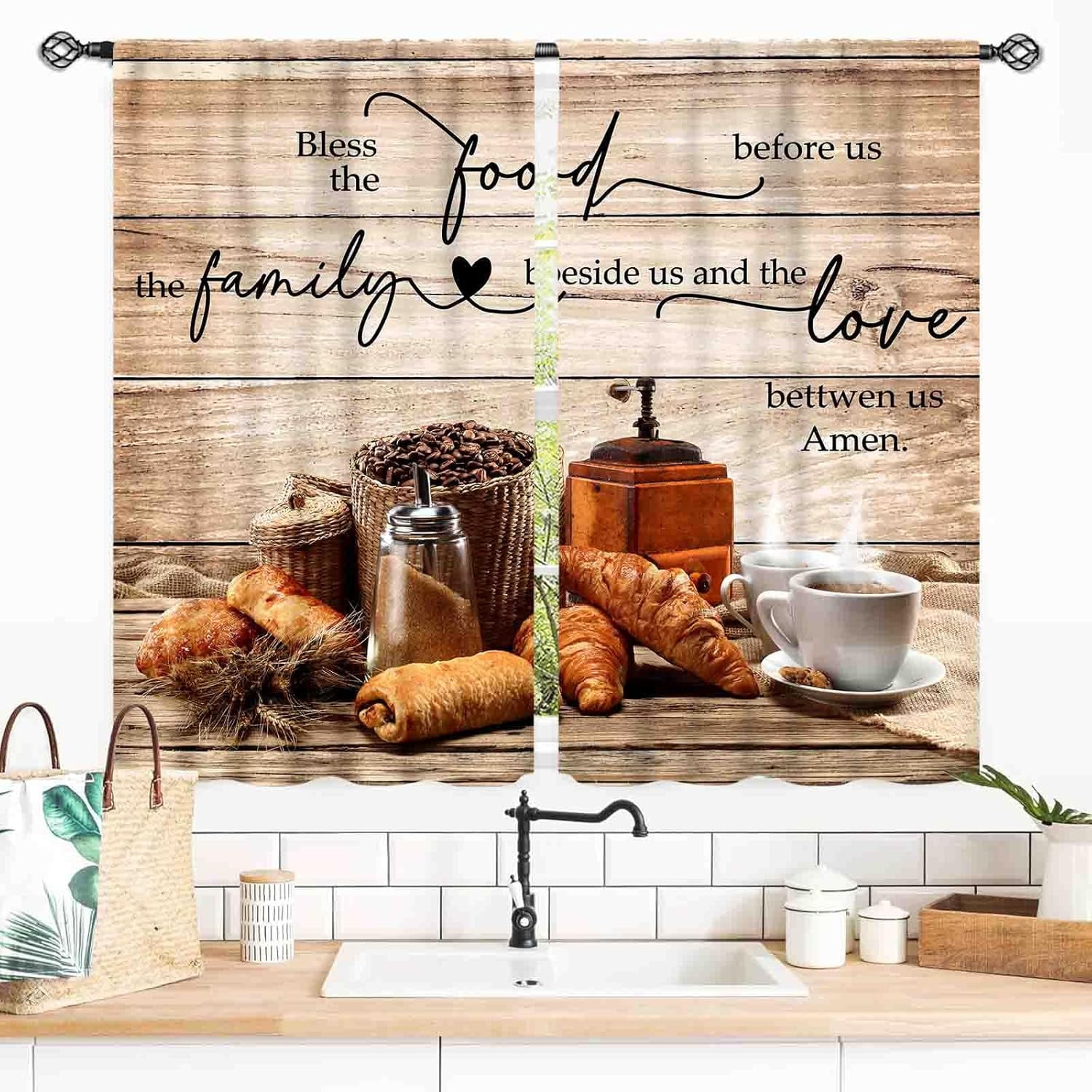 Rustic Kitchen Curtains, Farmhouse Retro Coffee Time Latte Cafe Bread ...