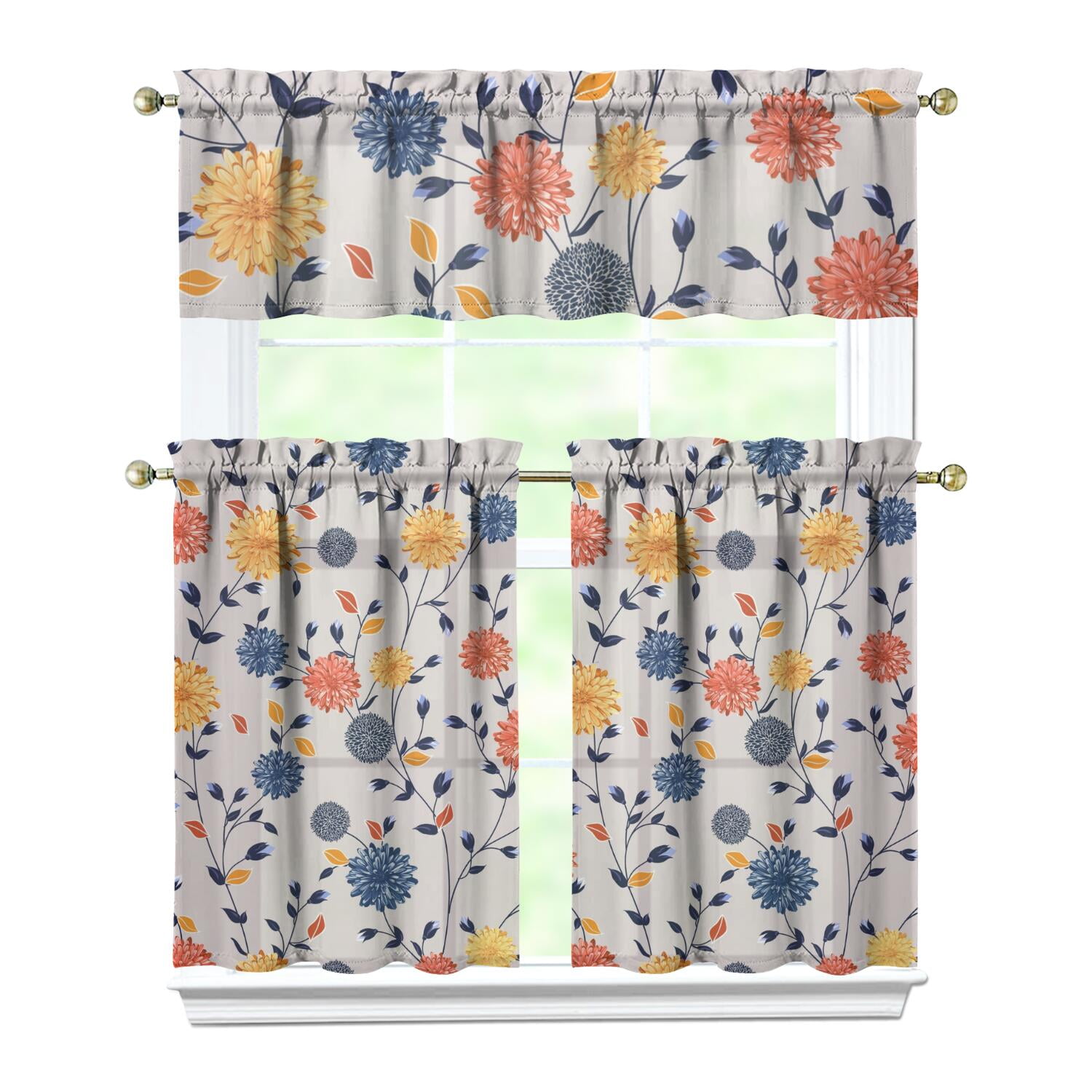 Rustic Kitchen Curtains Set Tier and Valance, Vintage Botanical Small ...