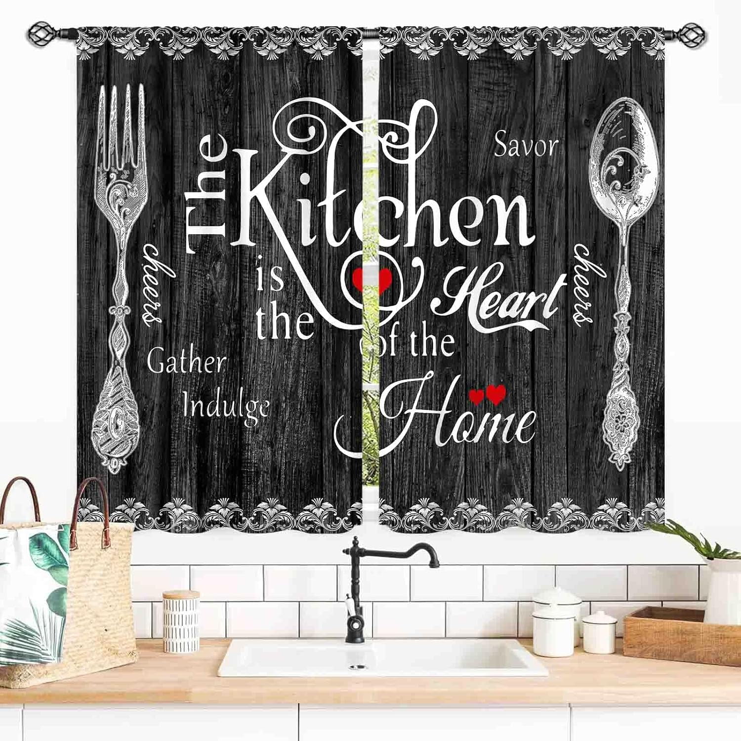 Rustic Kitchen Curtians, Farmhouse Fork and Spoon Woodern Plank Board ...