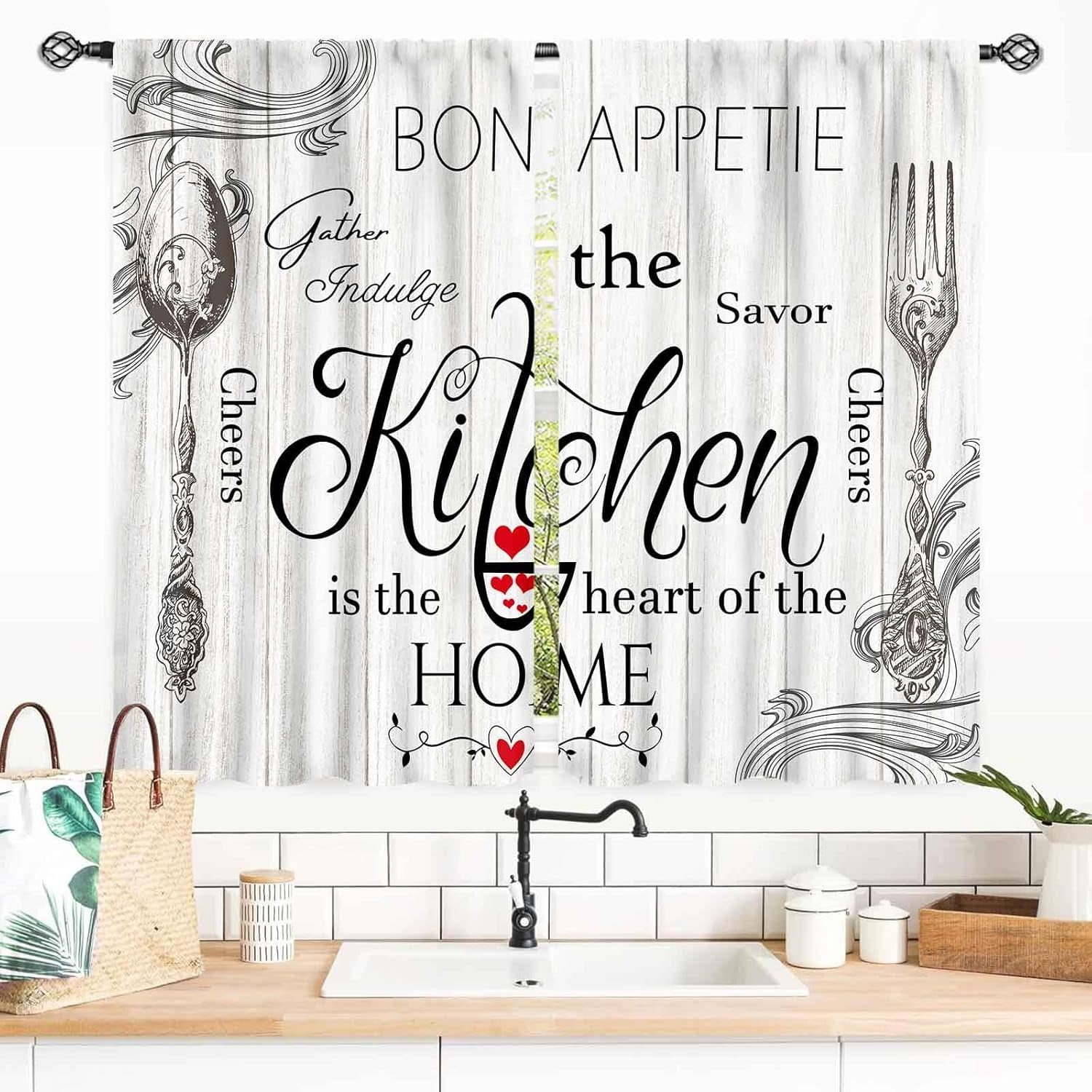 Rustic Kitchen Curtians, Fork and Spoon Woodern Plank Board Cook Theme ...