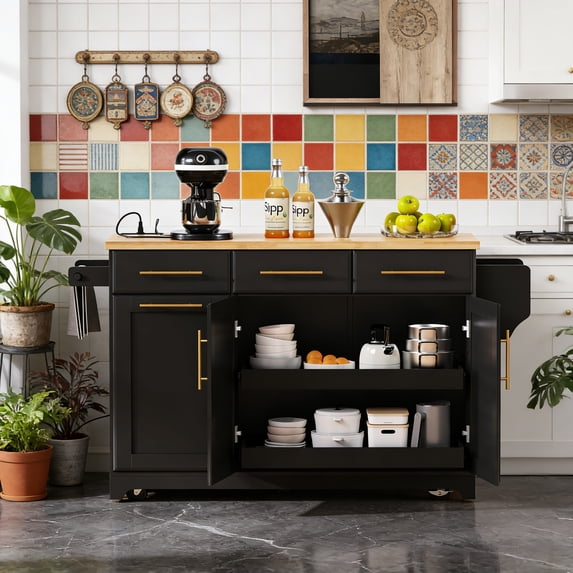 Rustic Kitchen Island with Large Storage Cabinets and 3 Drawers & Wood ...