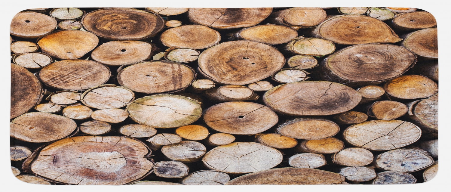 Rustic Kitchen Mat, Wooden Logs Background Circular Shaped Oak Tree ...