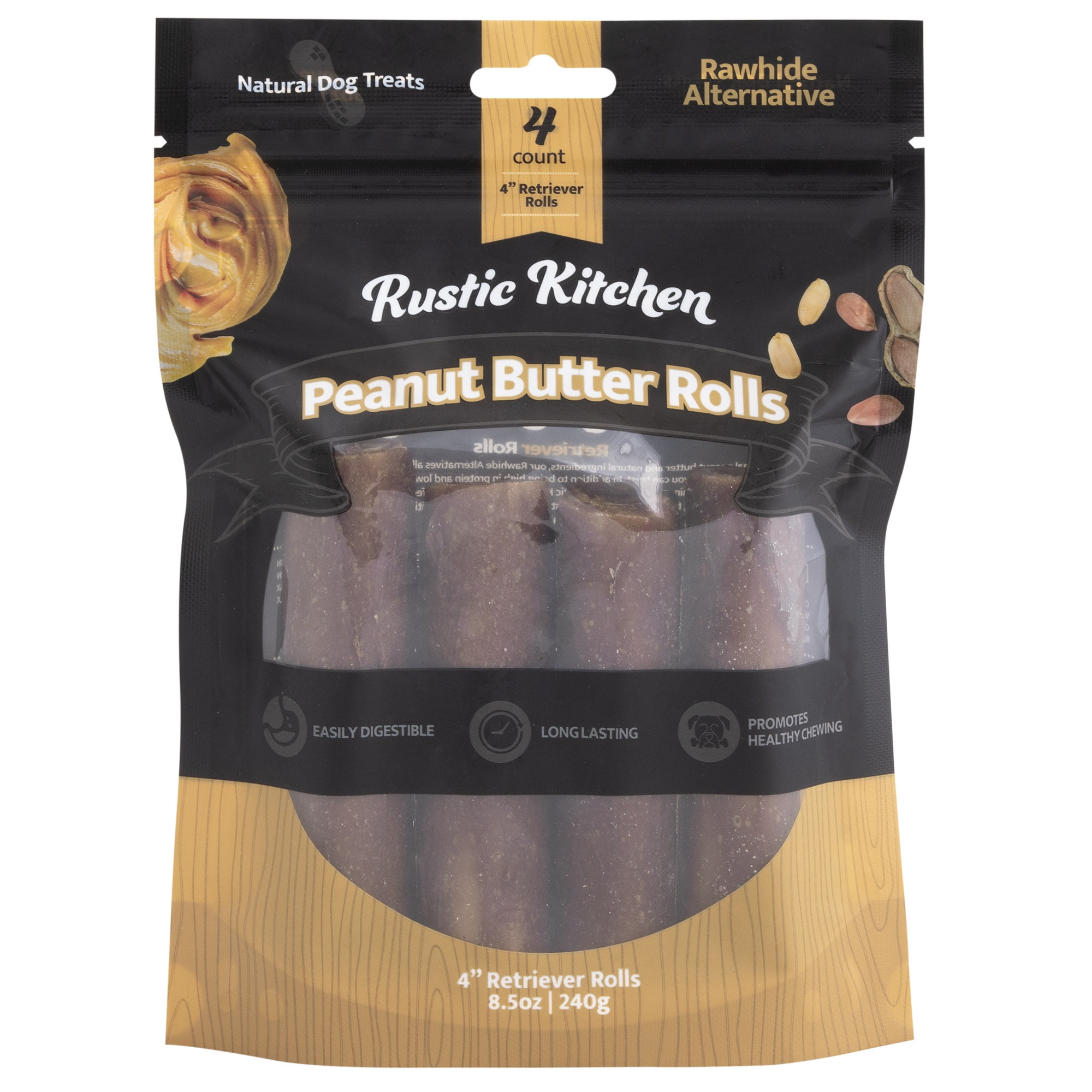 Rustic Kitchen Peanut Butter 4" Retriever Rolls Rawhide Alternative ...